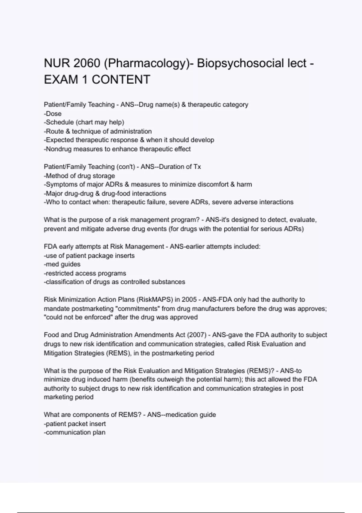 NUR 2060 (Pharmacology)- Biopsychosocial lect - EXAM 1 CONTENT Questions with correct Answers ...