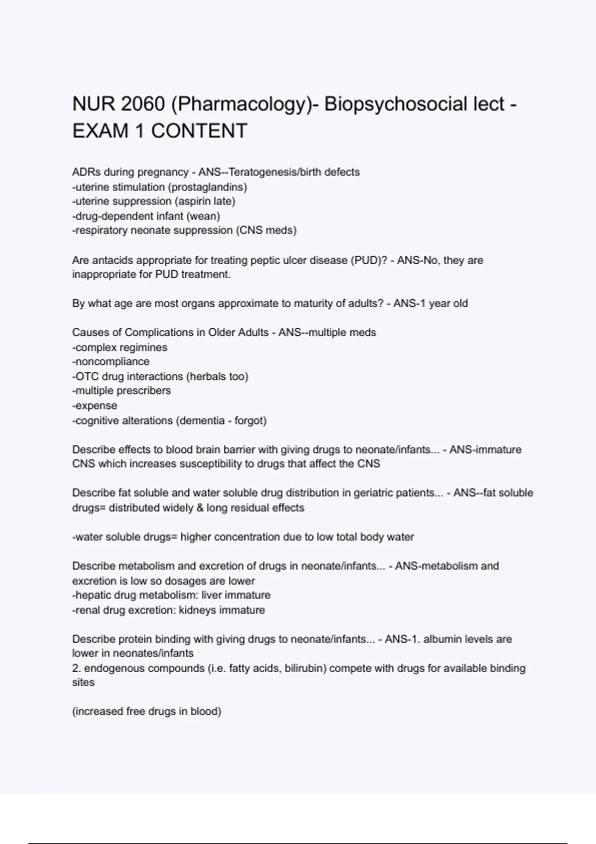 NUR 2060 (Pharmacology)- Biopsychosocial lect - EXAM 1 CONTENT Questions with correct Answers ...