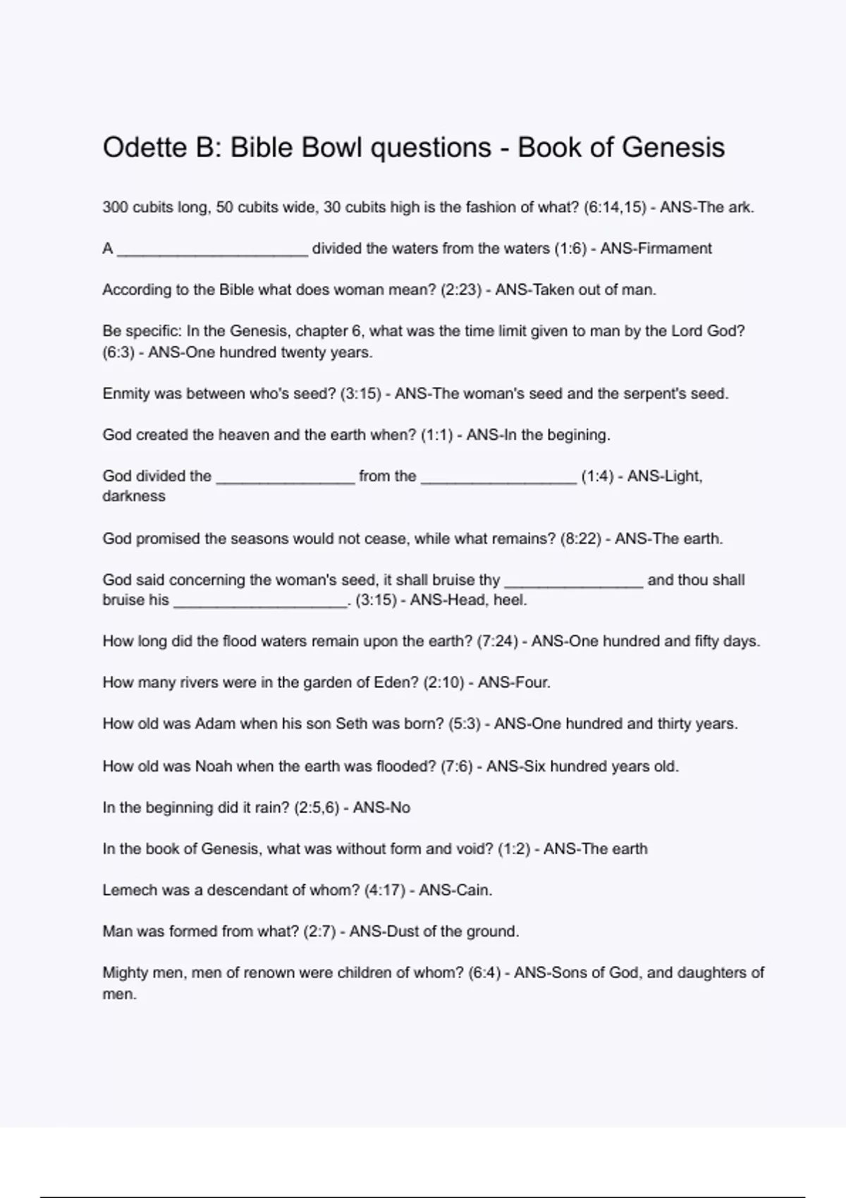 Odette B Bible Bowl questions - Book of Genesis Questions with correct ...