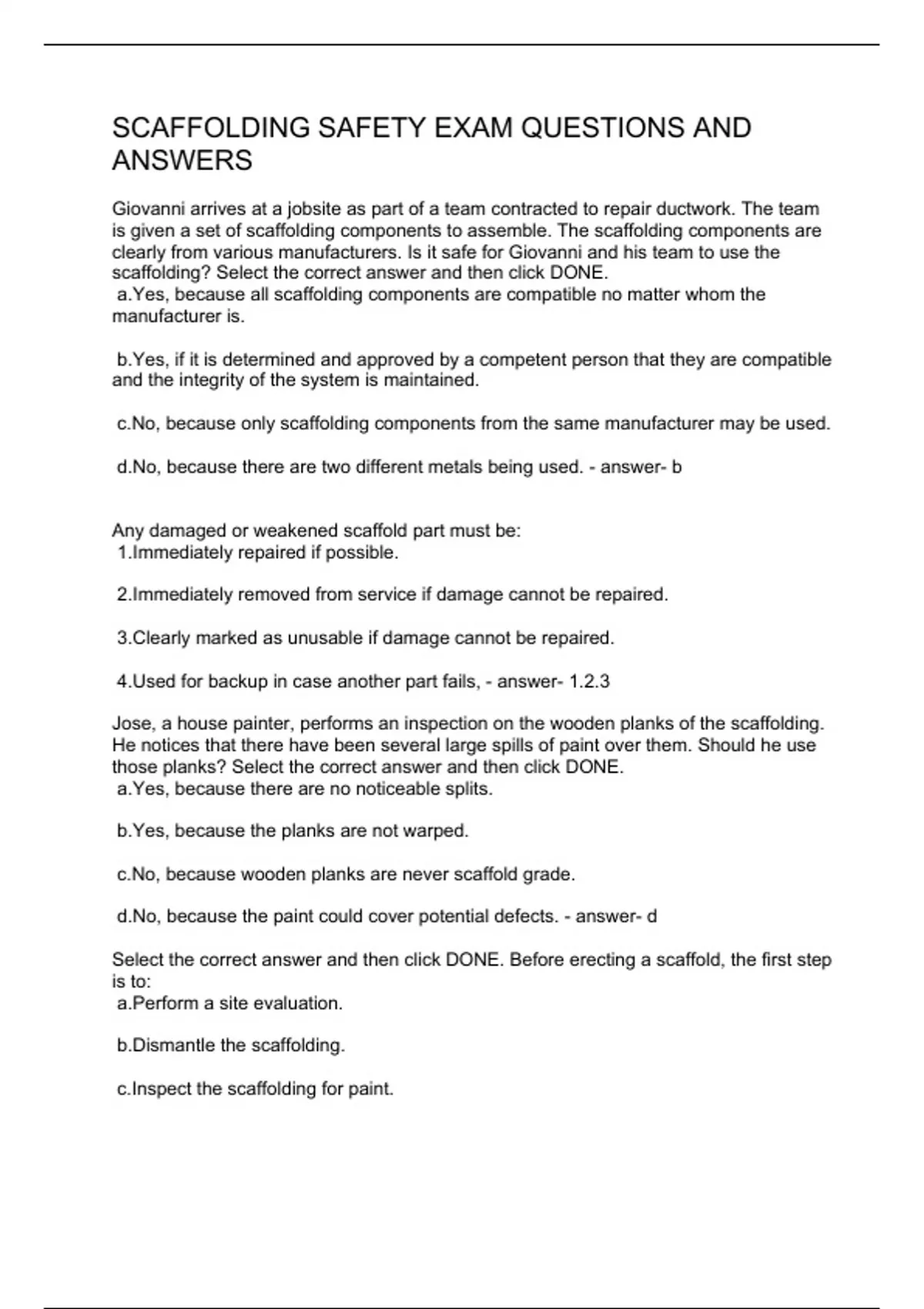 SCAFFOLDING SAFETY EXAM QUESTIONS AND ANSWERS - SCAFFOLDING SAFETY ...