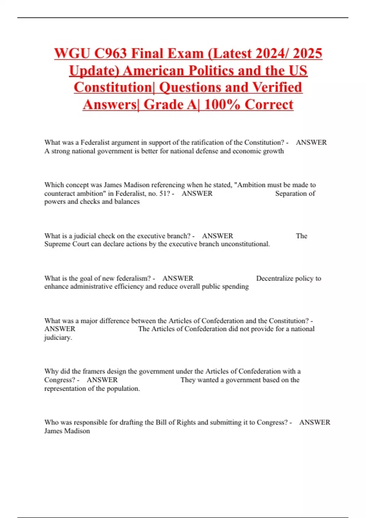 WGU C963 Final Exam (Latest 2024/ 2025 Update) American Politics and ...