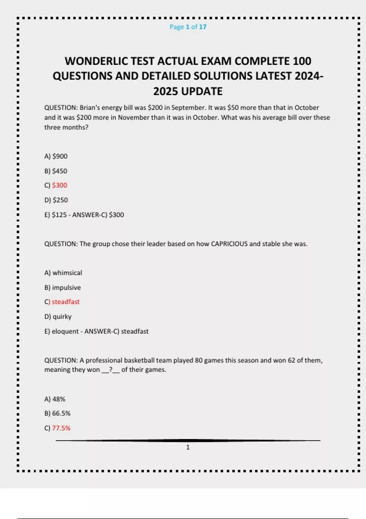 WONDERLIC TEST ACTUAL EXAM COMPLETE 100 QUESTIONS AND DETAILED ...