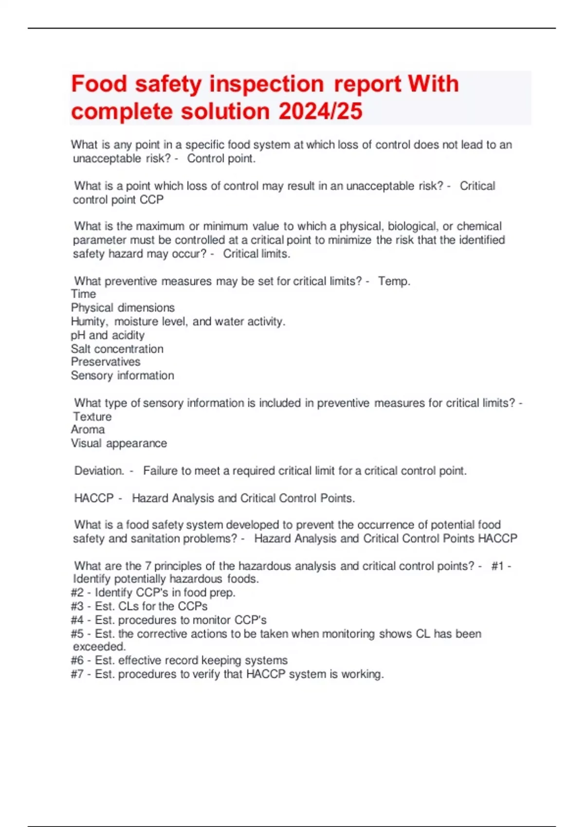 Food safety inspection report With complete solution 2024/25 - Food ...