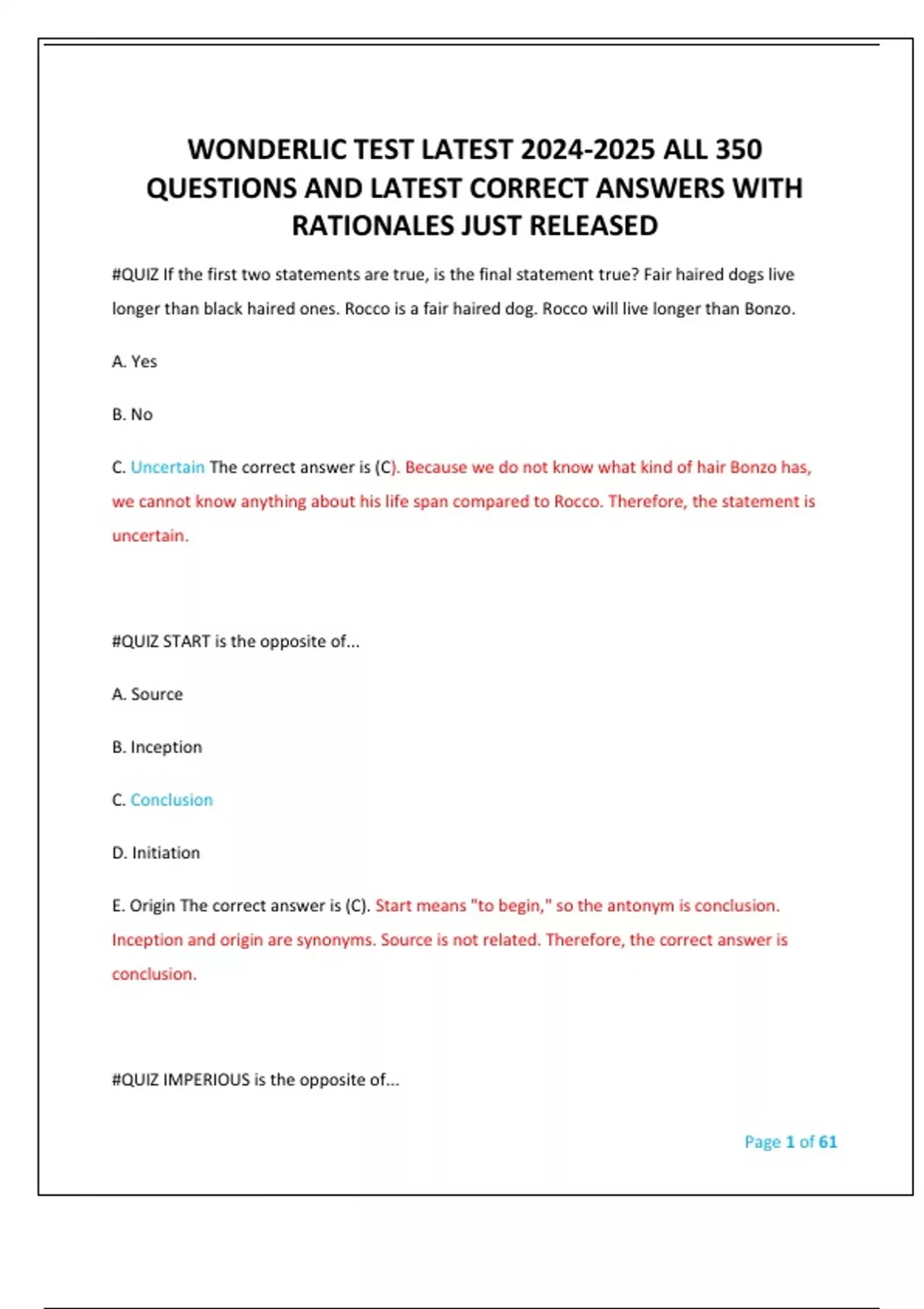 WONDERLIC TEST LATEST ALL 350 QUESTIONS AND LATEST CORRECT ANSWERS WITH ...