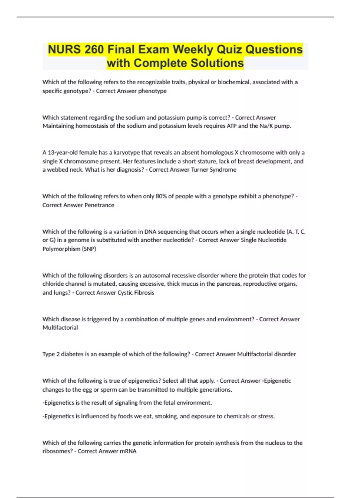 NURS 260 Final Exam Weekly Quiz Questions with Complete Solutions ...