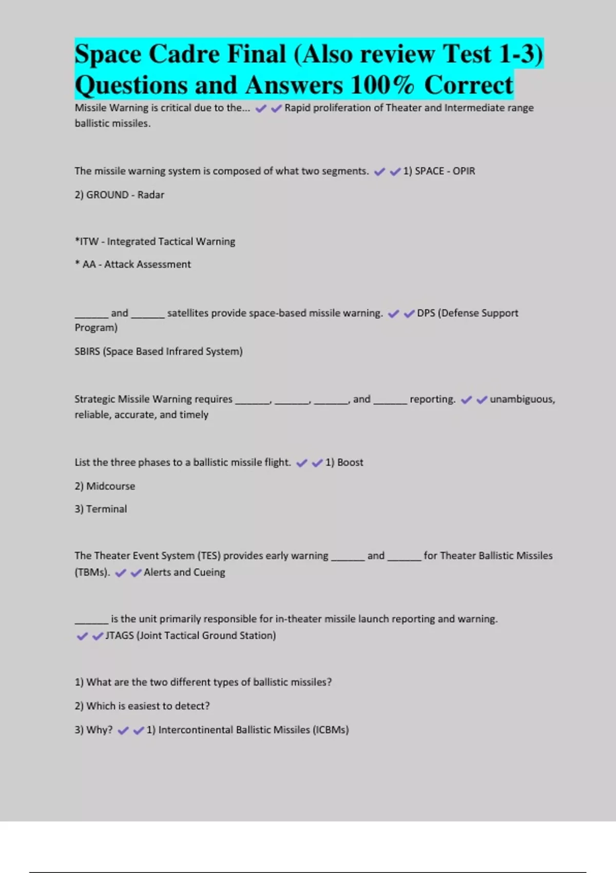 Space Cadre Final (Also review Test 1-3) Questions and Answers 100% ...