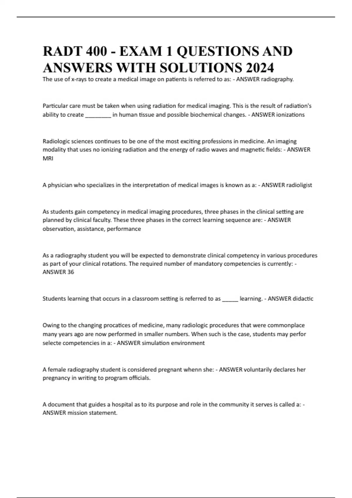 RADT 400 - EXAM 1 QUESTIONS AND ANSWERS WITH SOLUTIONS 2024 ...