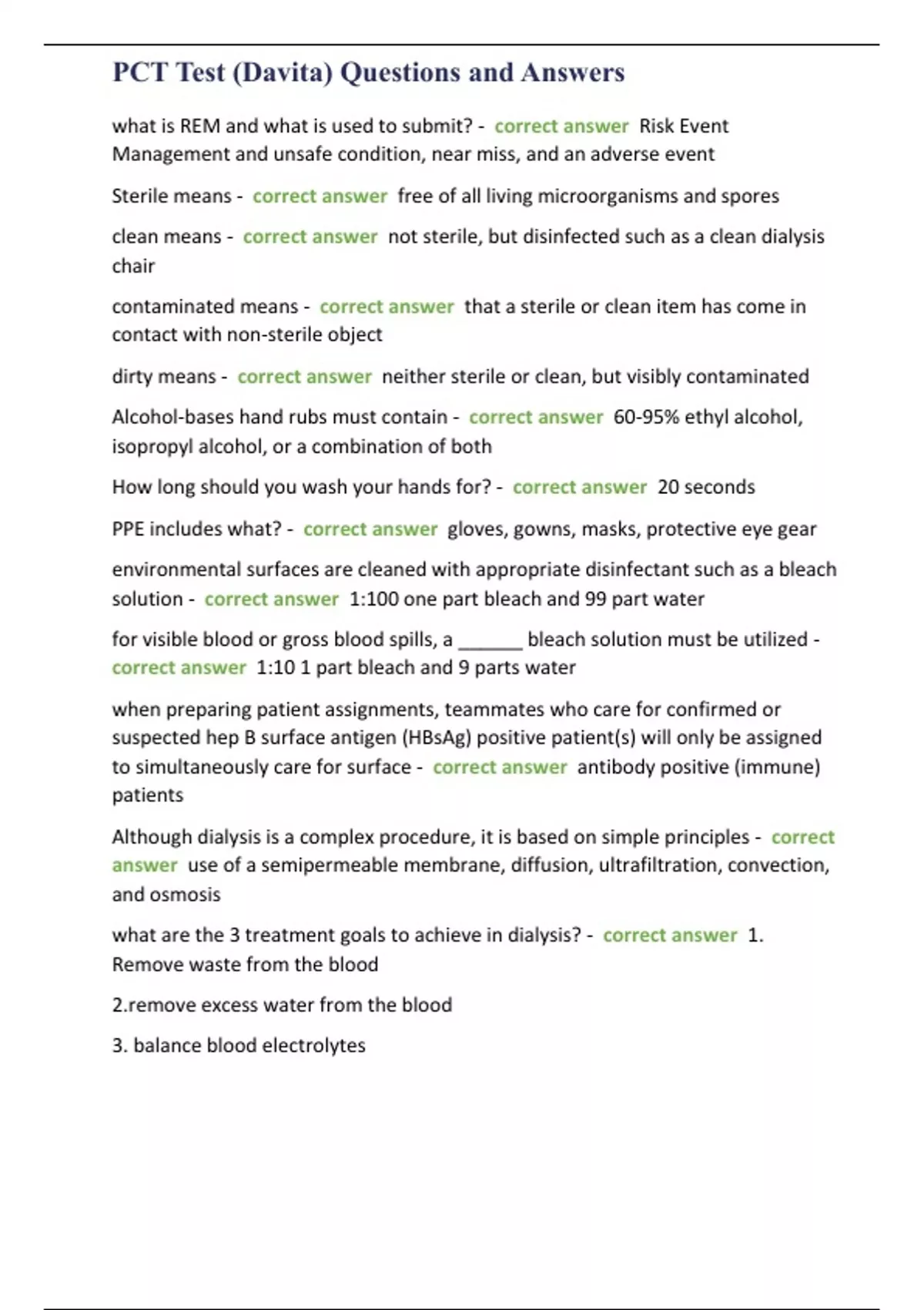 PCT Test (Davita) Questions and Answers 2024/2025 - PCT - Stuvia US