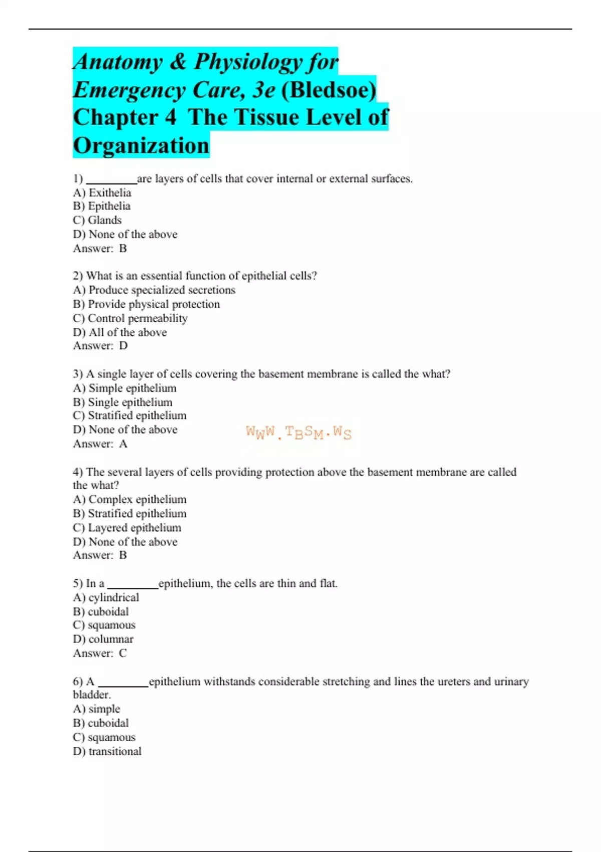 Anatomy & Physiology for Emergency Care, 3e (Bledsoe) Chapter 4 The ...