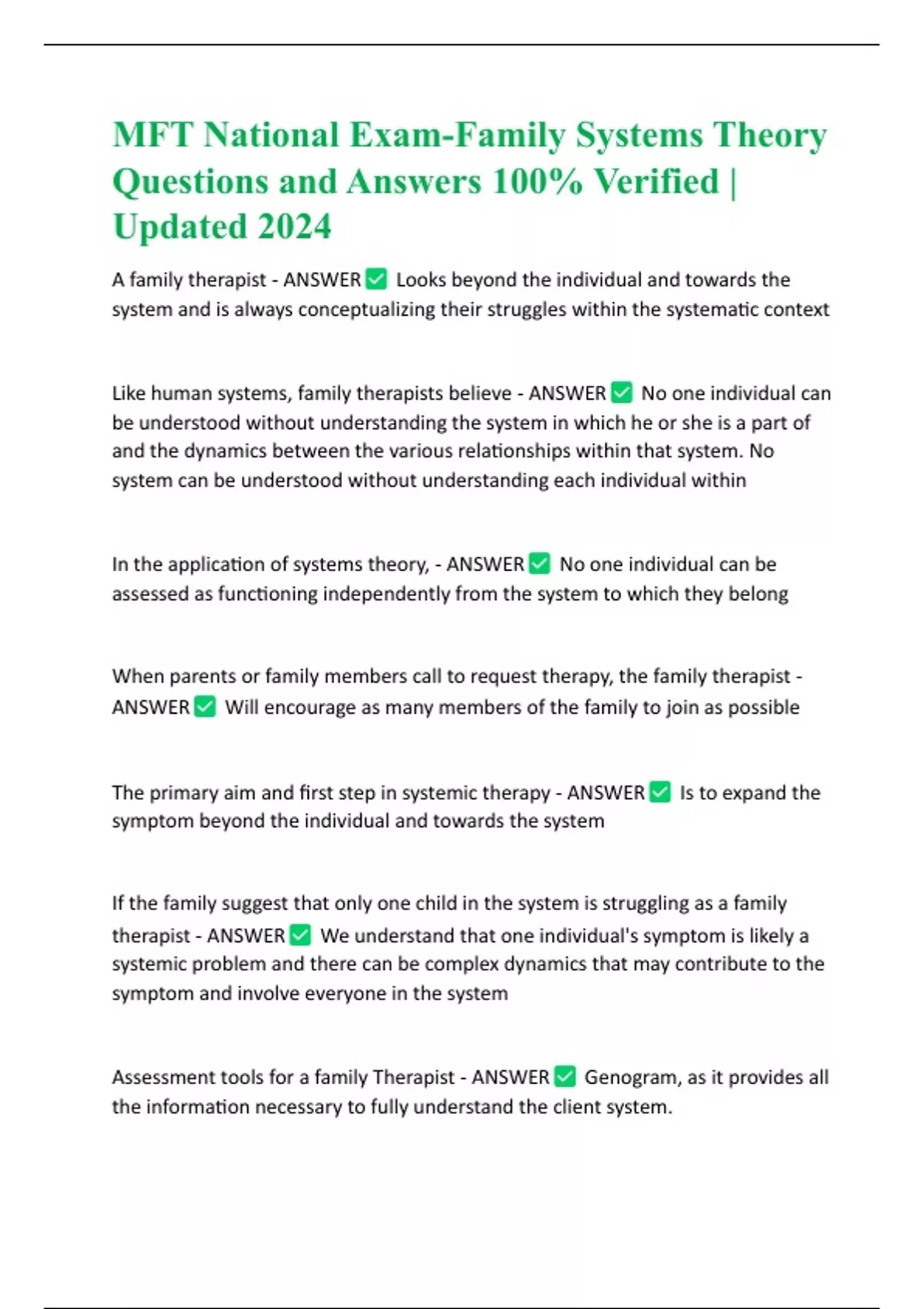 MFT National Exam-Family Systems Theory Questions and Answers 100% Verified | Updated 2024 - MFT ...