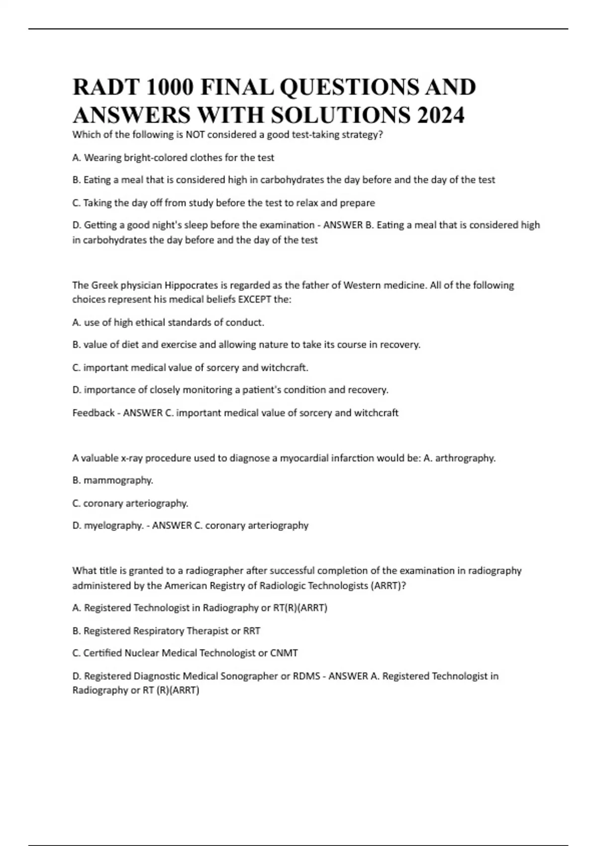 RADT 1000 FINAL QUESTIONS AND ANSWERS WITH SOLUTIONS 2024 - Registered ...