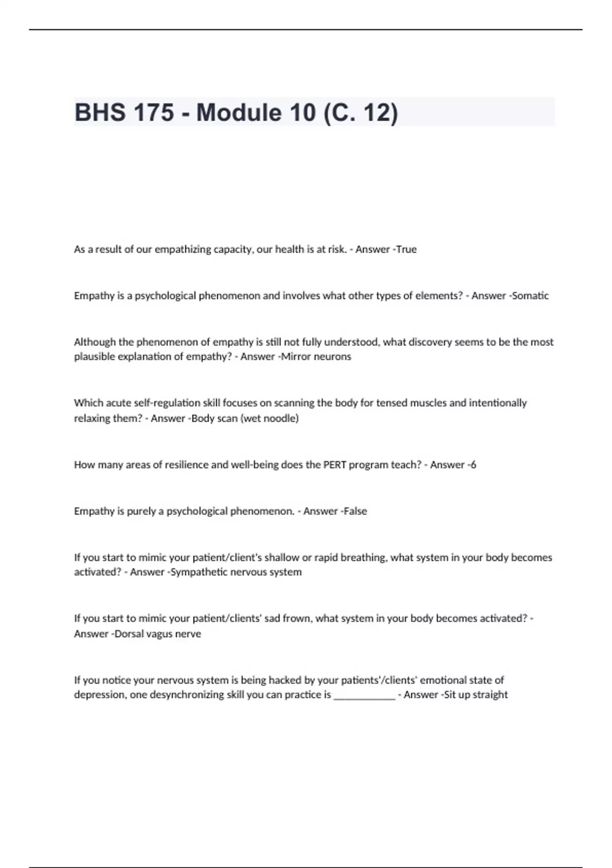 BHS 175 - Module 10 (C. 12) Exam Questions with Correct and Verified ...