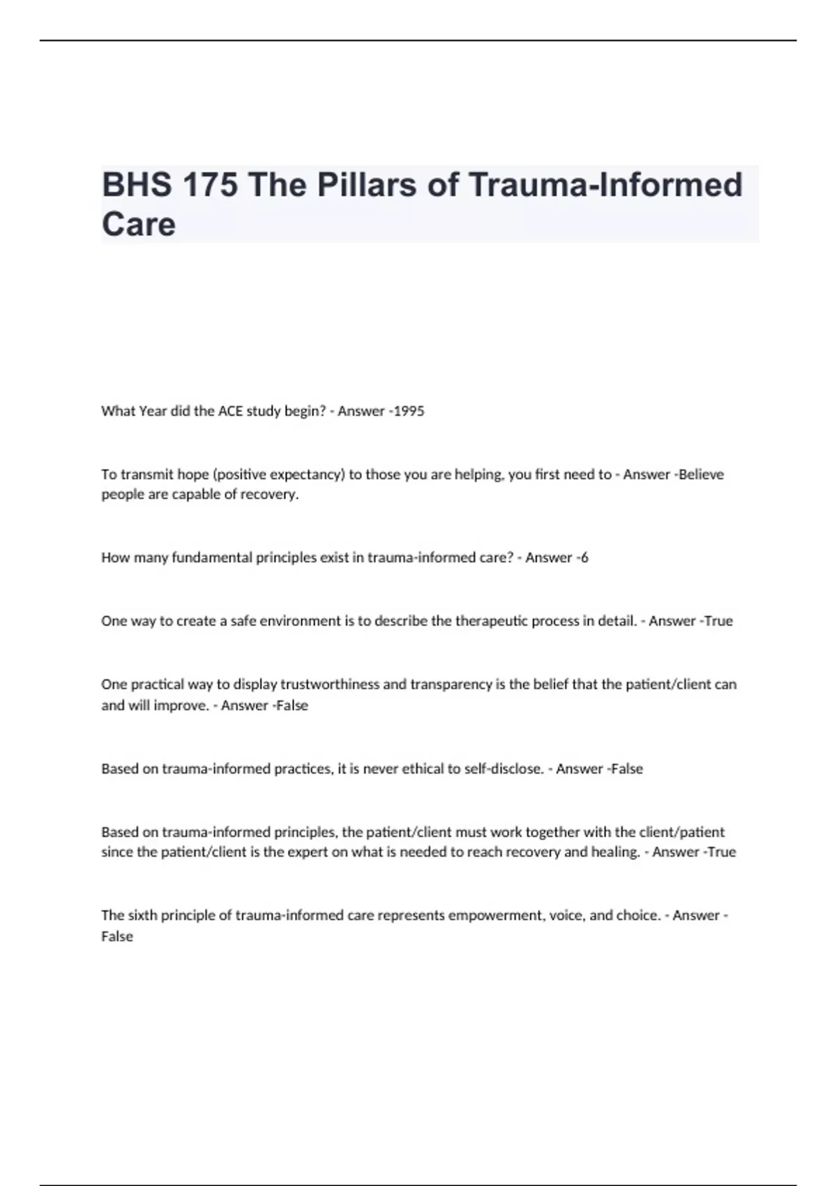 BHS 175 The Pillars of Trauma-Informed Care Exam Questions and Answers ...