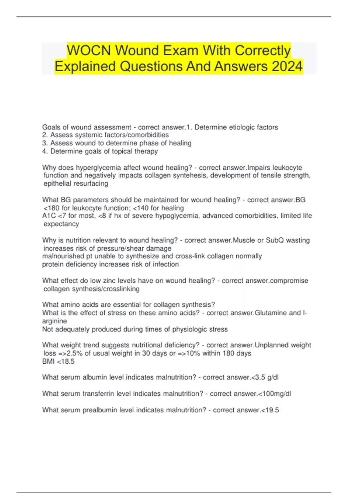 WOCN Wound Exam With Correctly Explained Questions And Answers 2024 ...