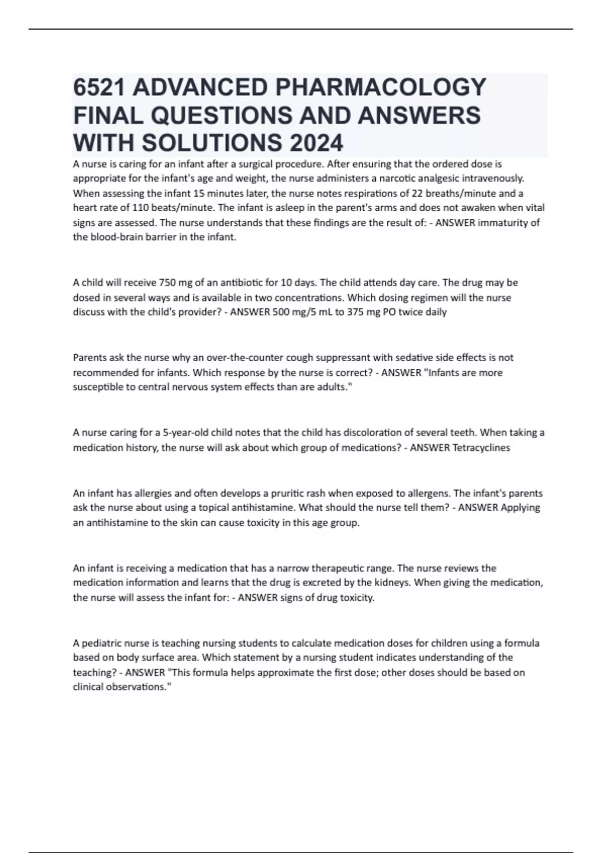 6521 ADVANCED PHARMACOLOGY FINAL QUESTIONS AND ANSWERS WITH SOLUTIONS ...