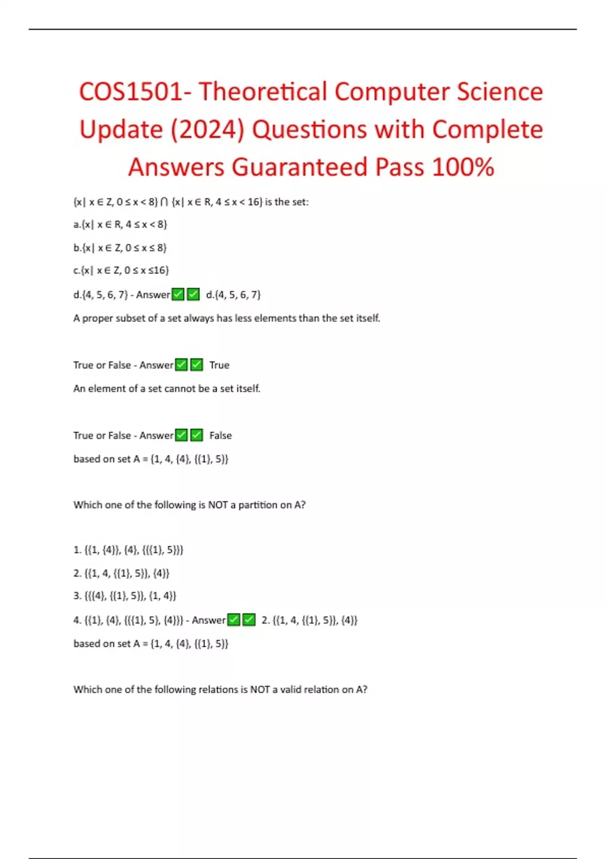 COS1501- Theoretical Computer Science Update (2024) Questions with Complete Answers Guaranteed ...