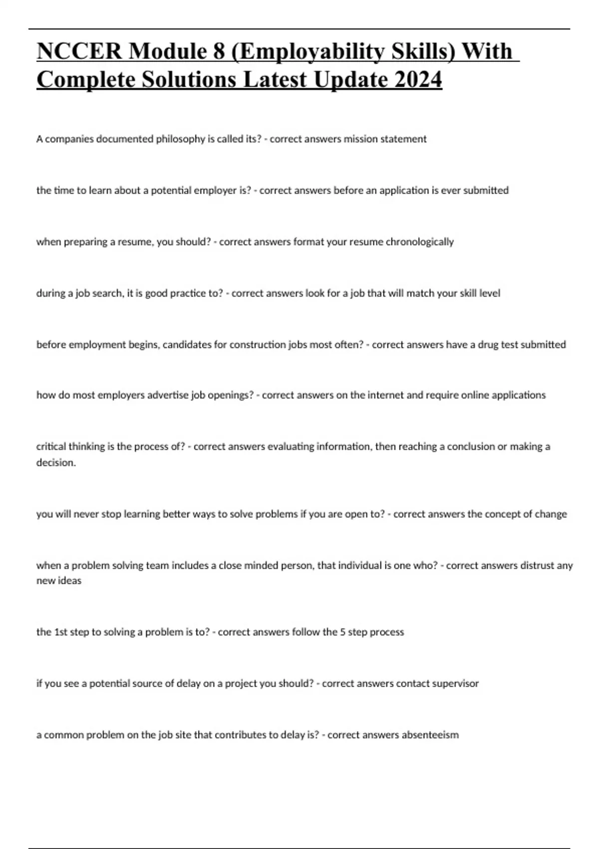 NCCER Module 8 (Employability Skills) With Complete Solutions Latest ...