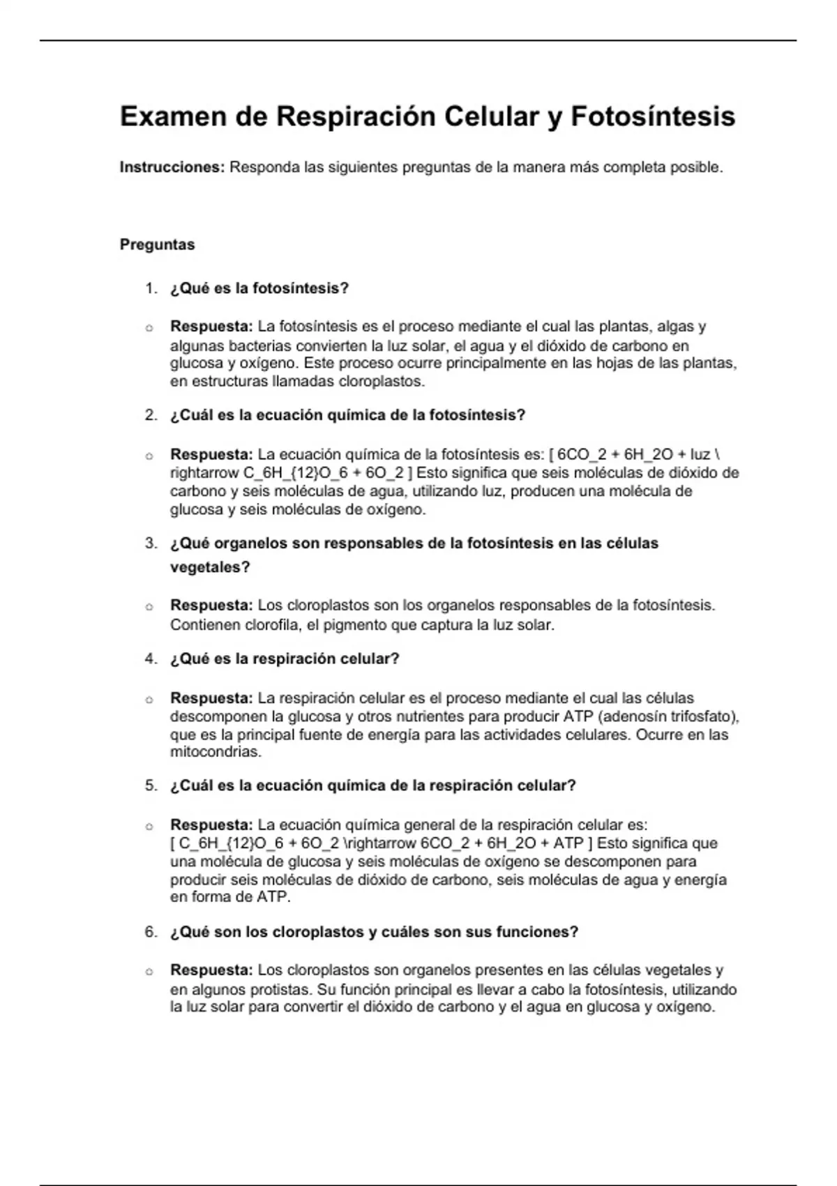 Examen resuelto de Respiración Celular y Fotosíntesis - Biología ...