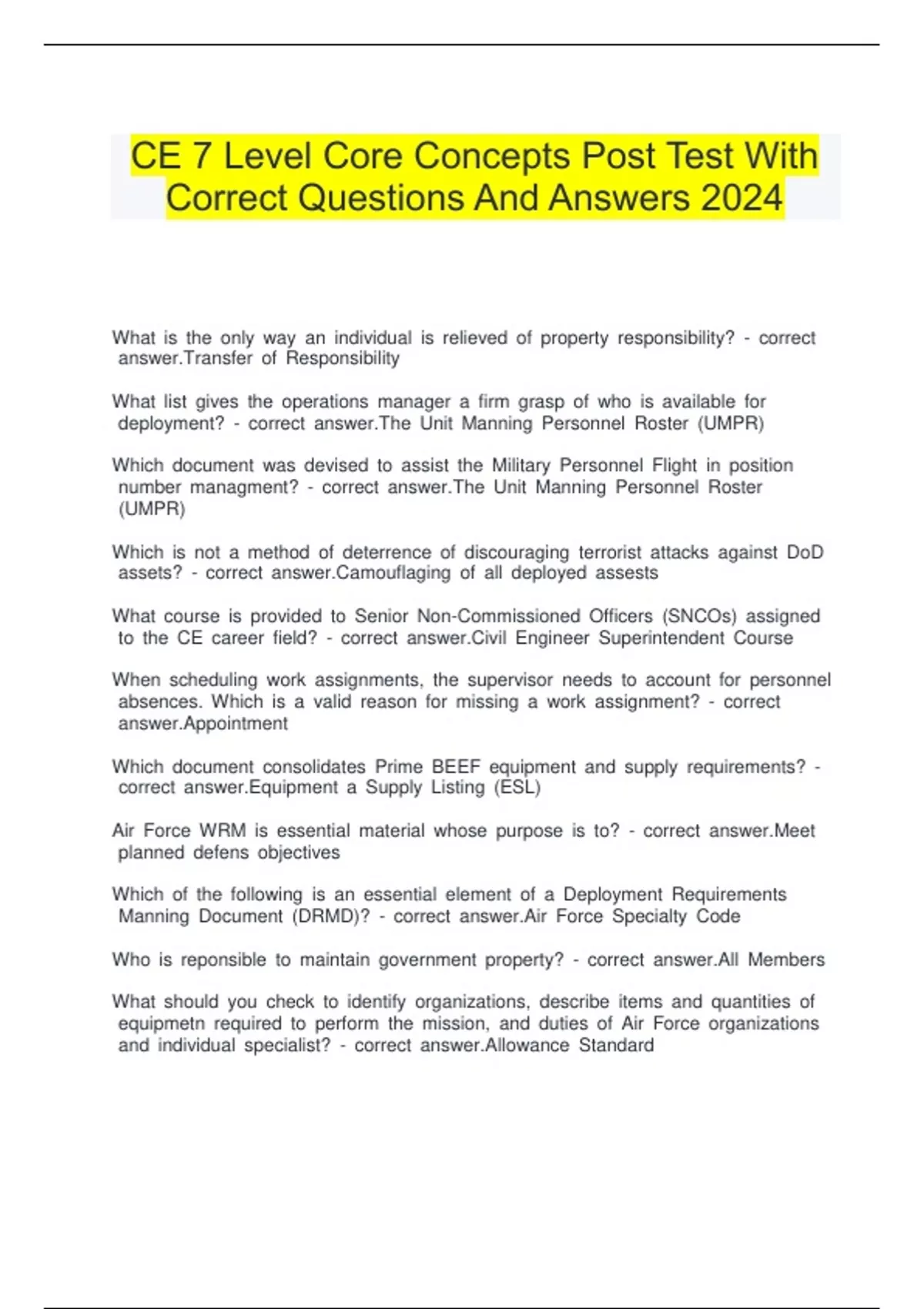 CE 7 Level Core Concepts Post Test With Correct Questions And Answers ...