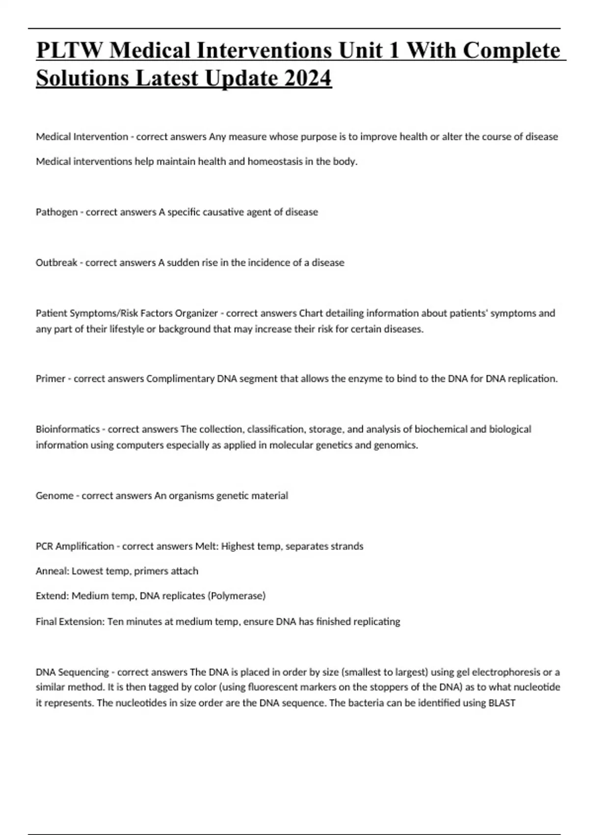 PLTW Medical Interventions Unit 1 With Complete Solutions Latest Update ...