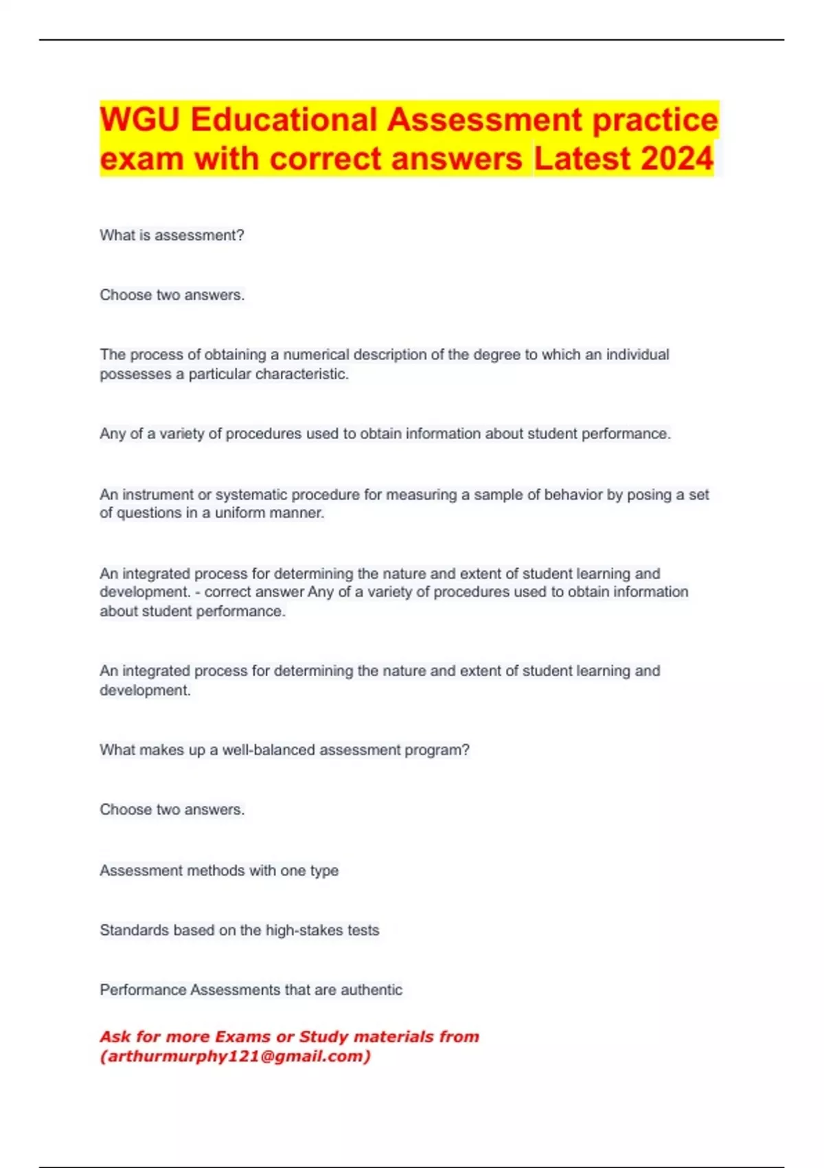 WGU Educational Assessment practice exam with correct answers Latest ...
