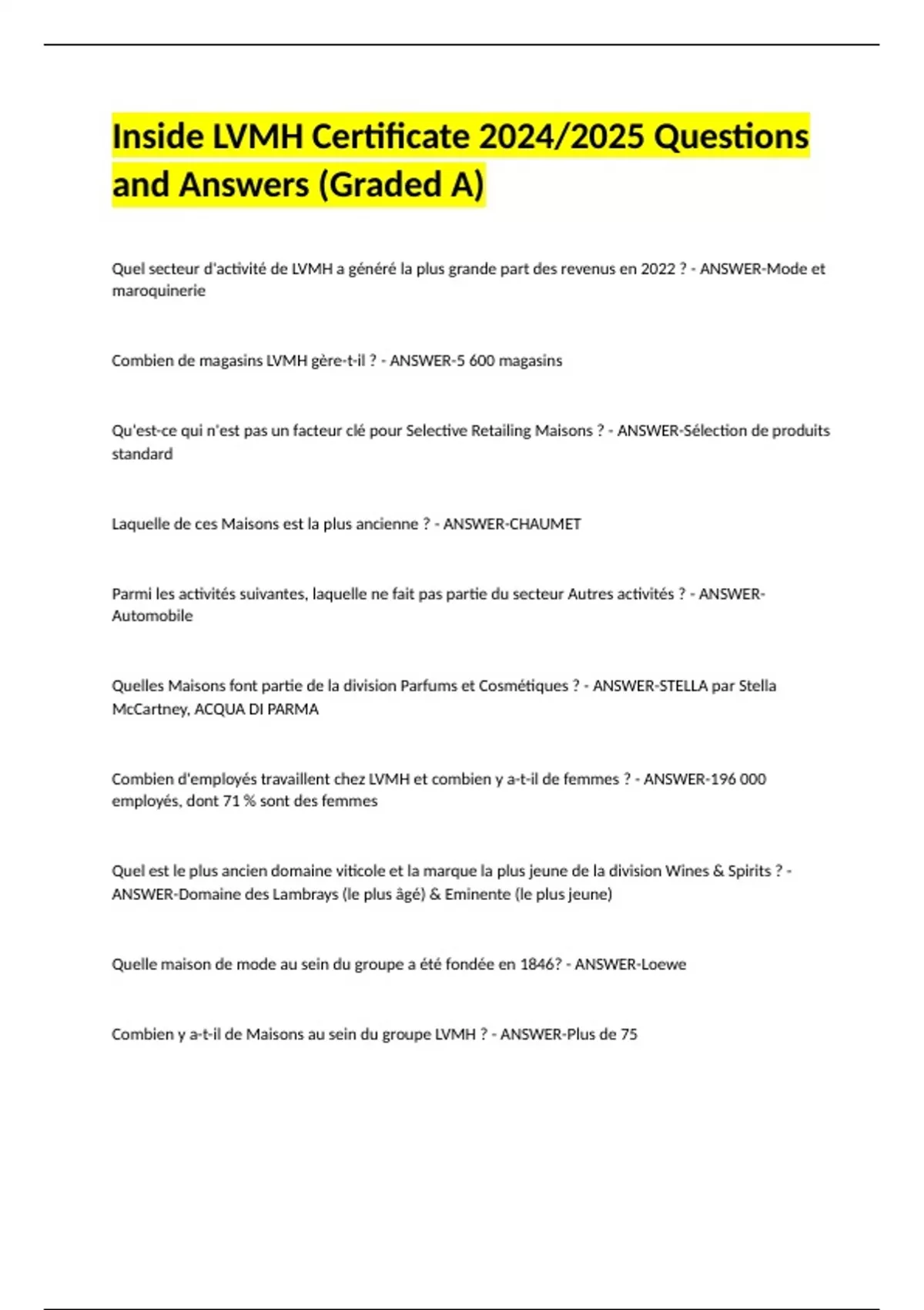 Inside LVMH Certificate 2024/2025 Questions and Answers (Graded A) - Inside LVMH - Stuvia US