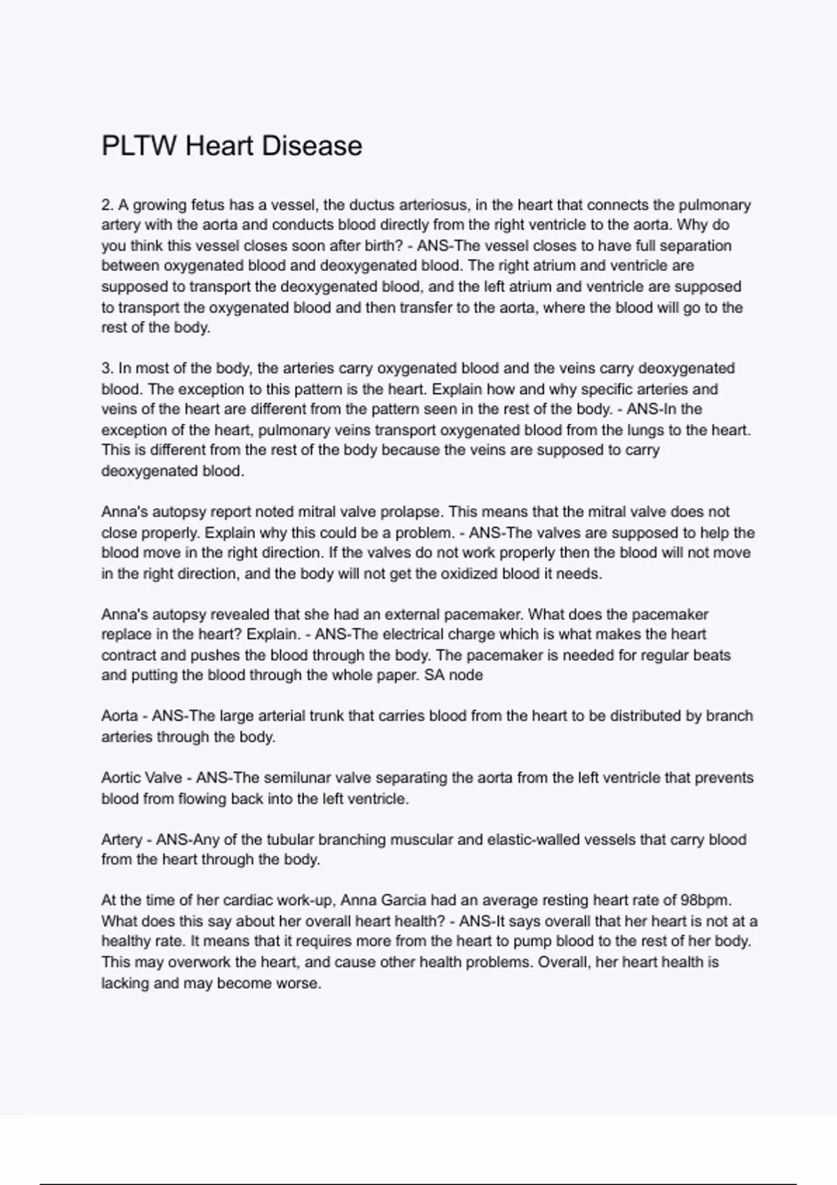 PLTW Heart Disease Questions With 100% Correct And Verified Answers ...