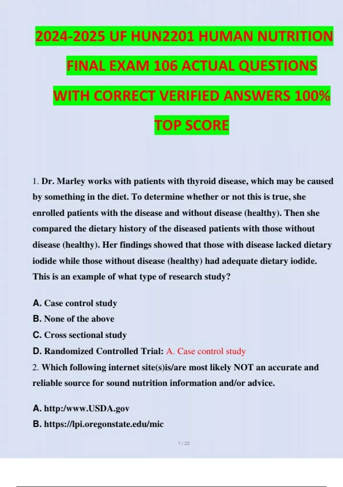 UF HUN2201 HUMAN NUTRITION FINAL EXAM 106 ACTUAL QUESTIONS WITH CORRECT ...
