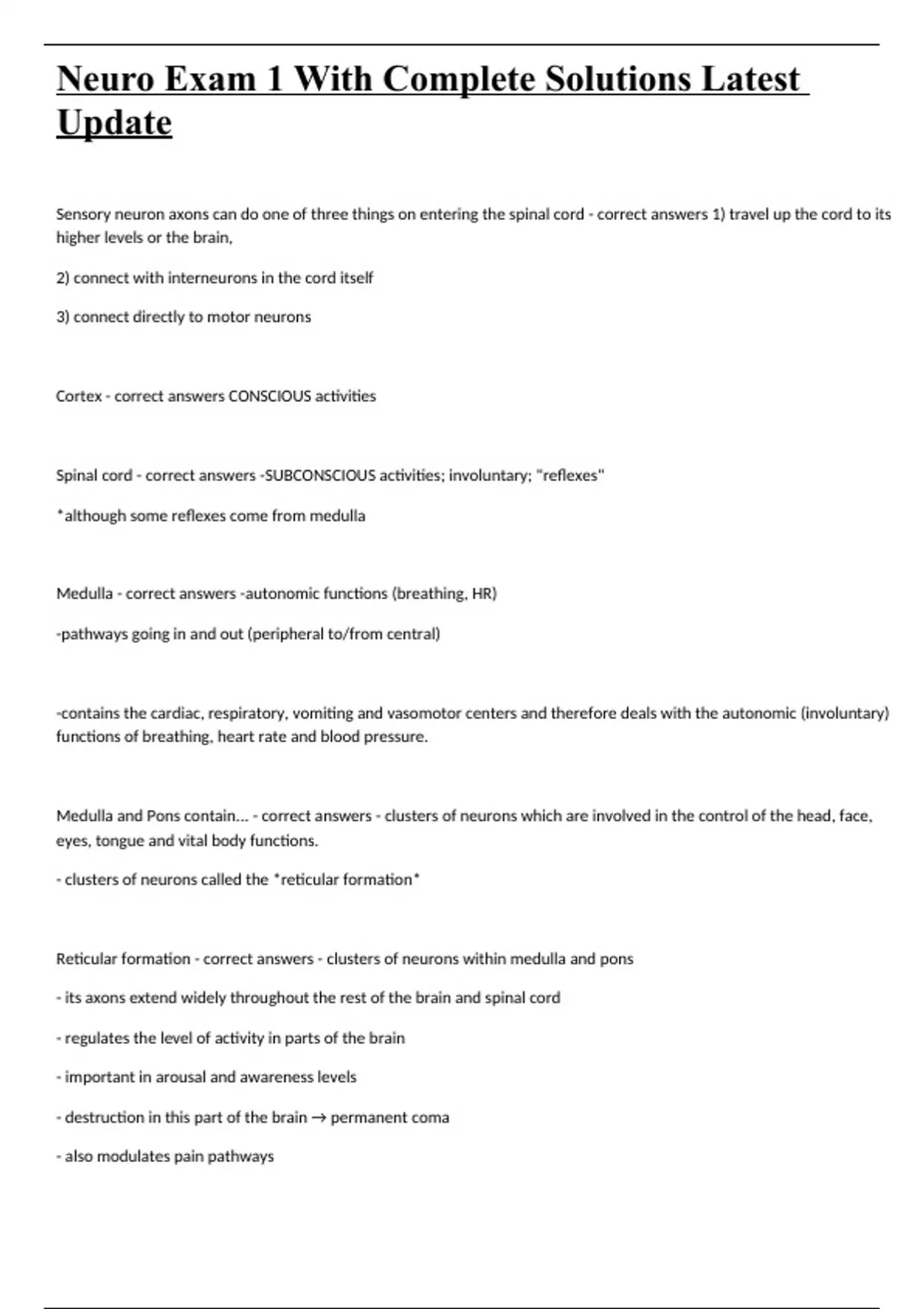 Neuro Exam 1 With Complete Solutions Latest Update - Neuro - Stuvia US