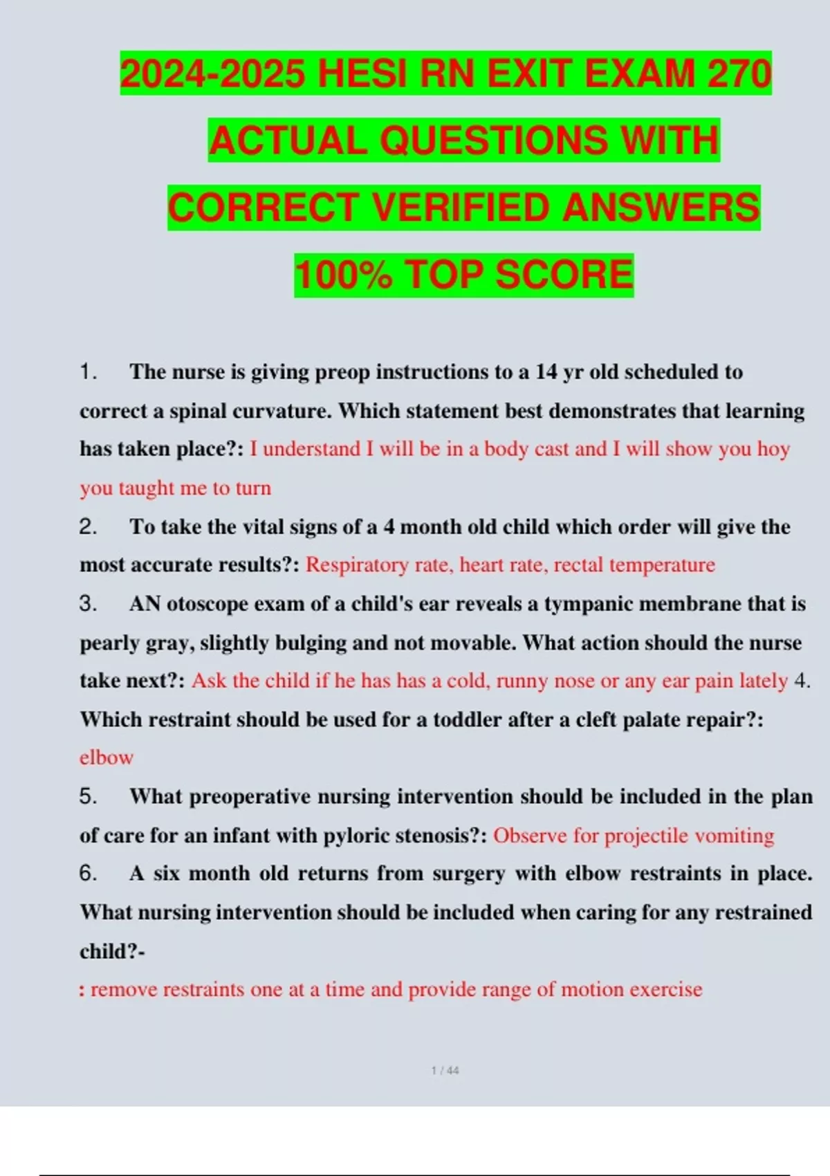 HESI RN EXIT EXAM 270 ACTUAL QUESTIONS WITH CORRECT VERIFIED ANSWERS ...