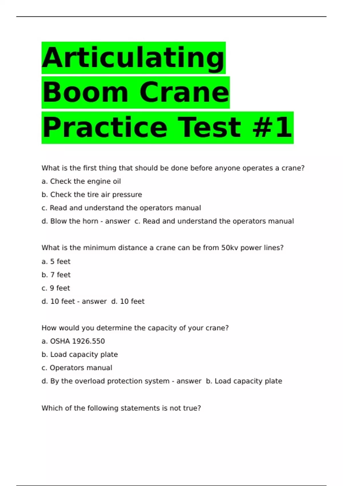 Articulating Boom Crane Practice Test -1. - NCCCO MOBILE CRANE - Stuvia US