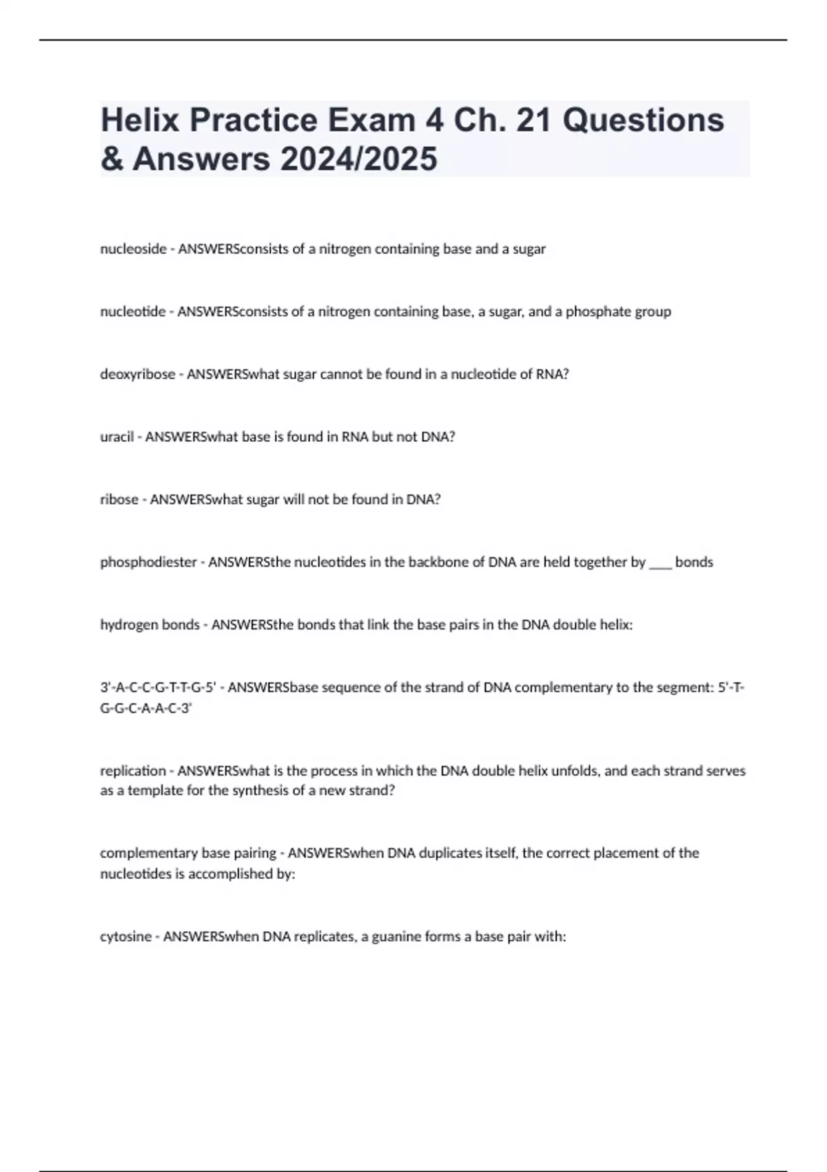 Helix Practice Exam 4 Ch. 21 Questions & Answers 2024/2025 - Helix ...