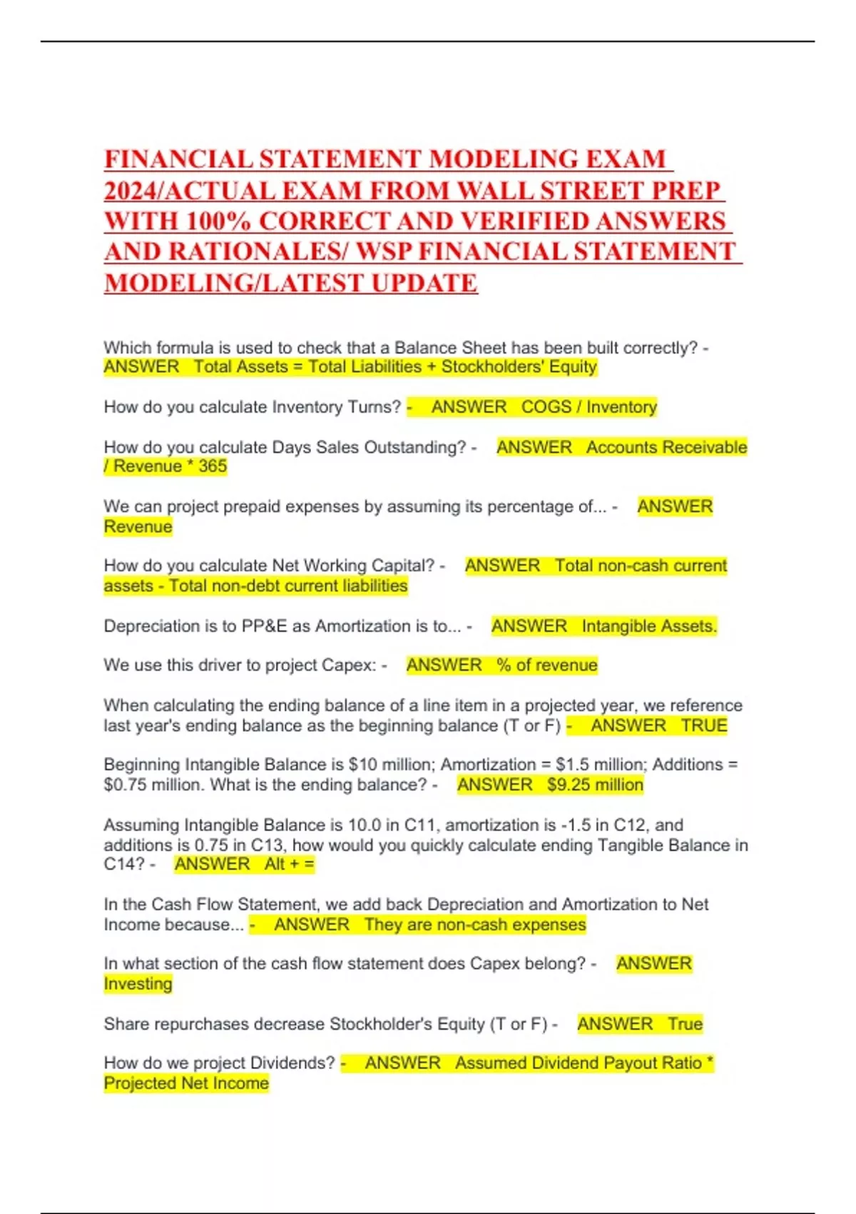 FINANCIAL STATEMENT MODELING EXAM 2024/ACTUAL EXAM FROM WALL STREET PREP WITH 100% CORRECT AND ...