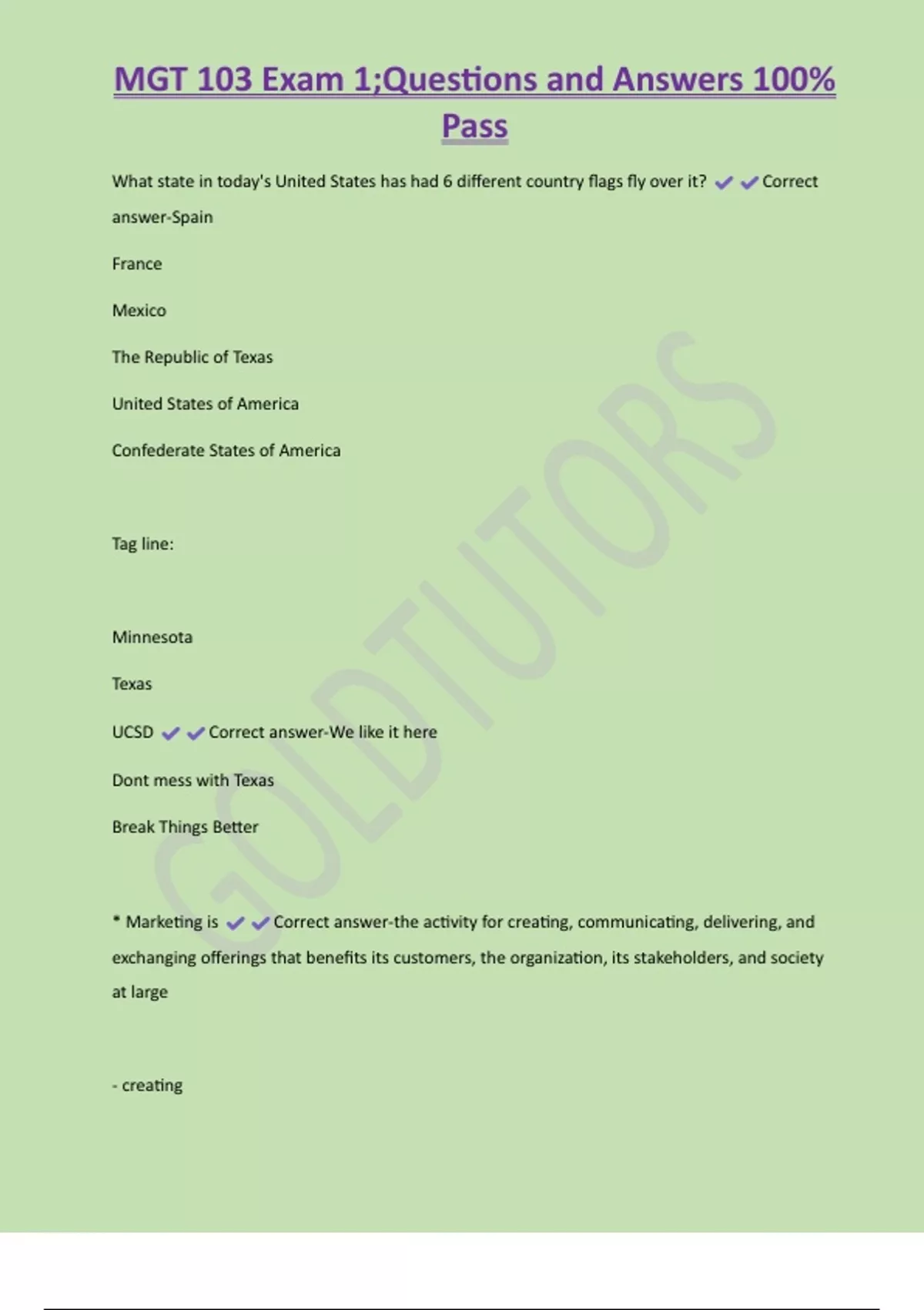 MGT 103 Exam 1;Questions and Answers 100% Pass - Mgt 103 - Stuvia US