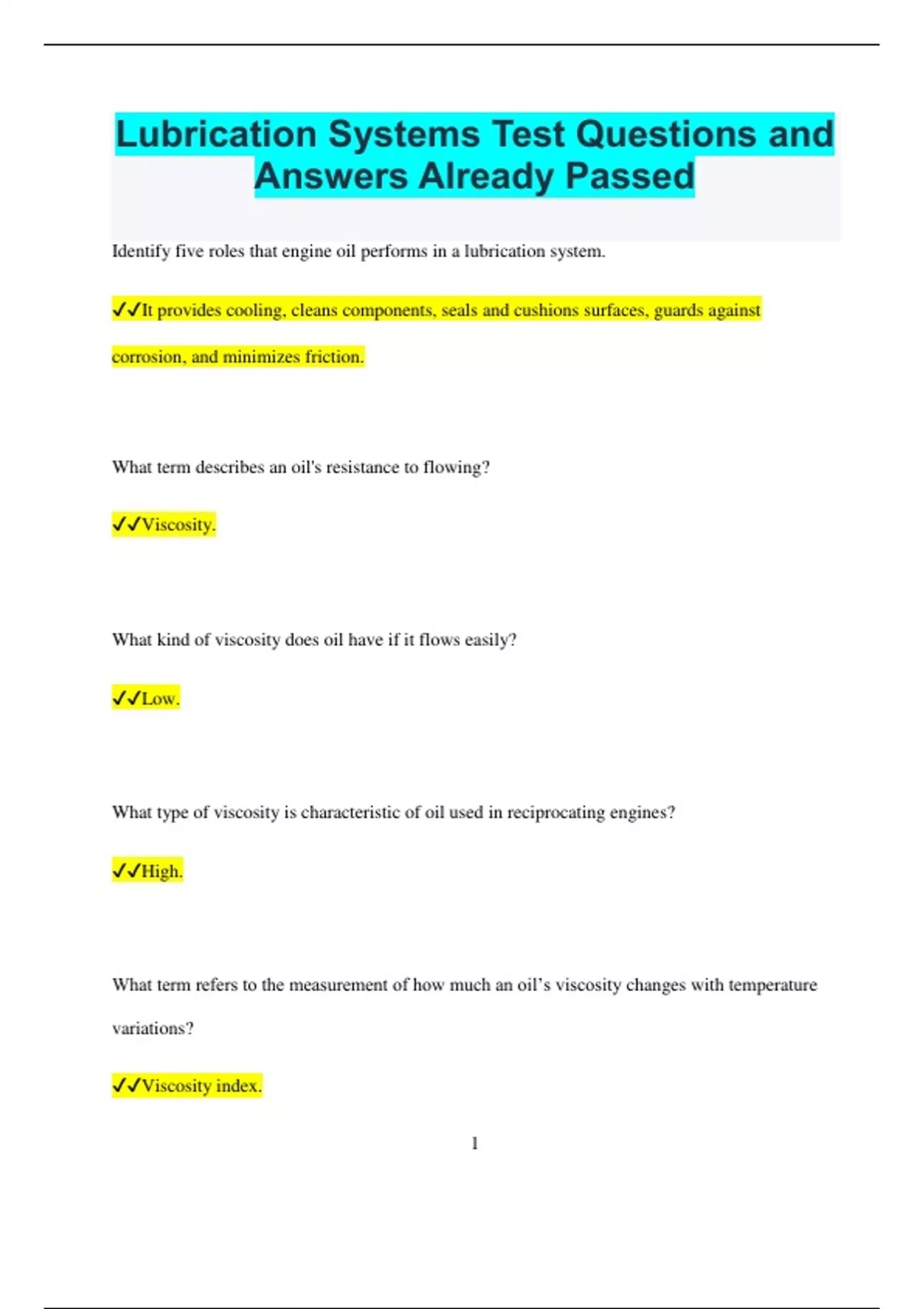 Lubrication Systems Test Questions and Answers Already Passed ...