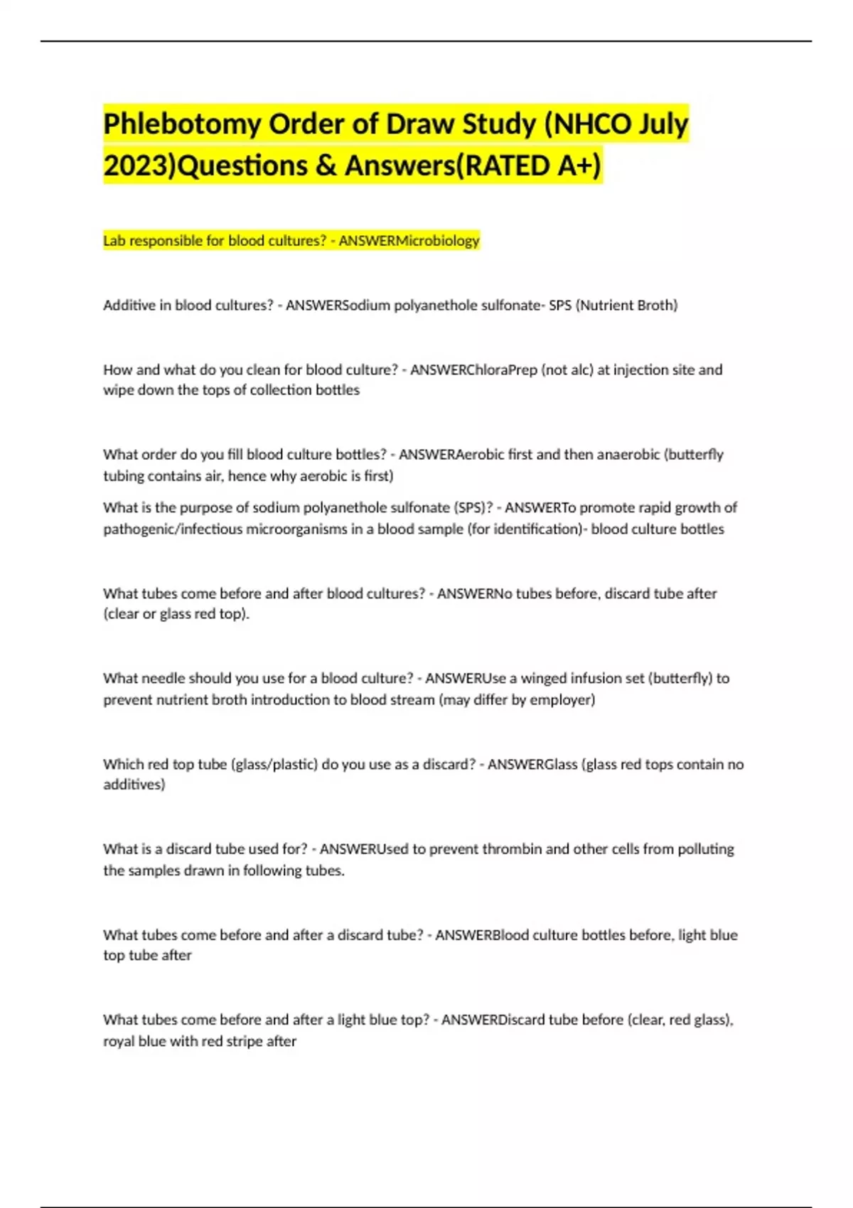 Phlebotomy Order of Draw Study (NHCO July 2023)Questions & Answers ...