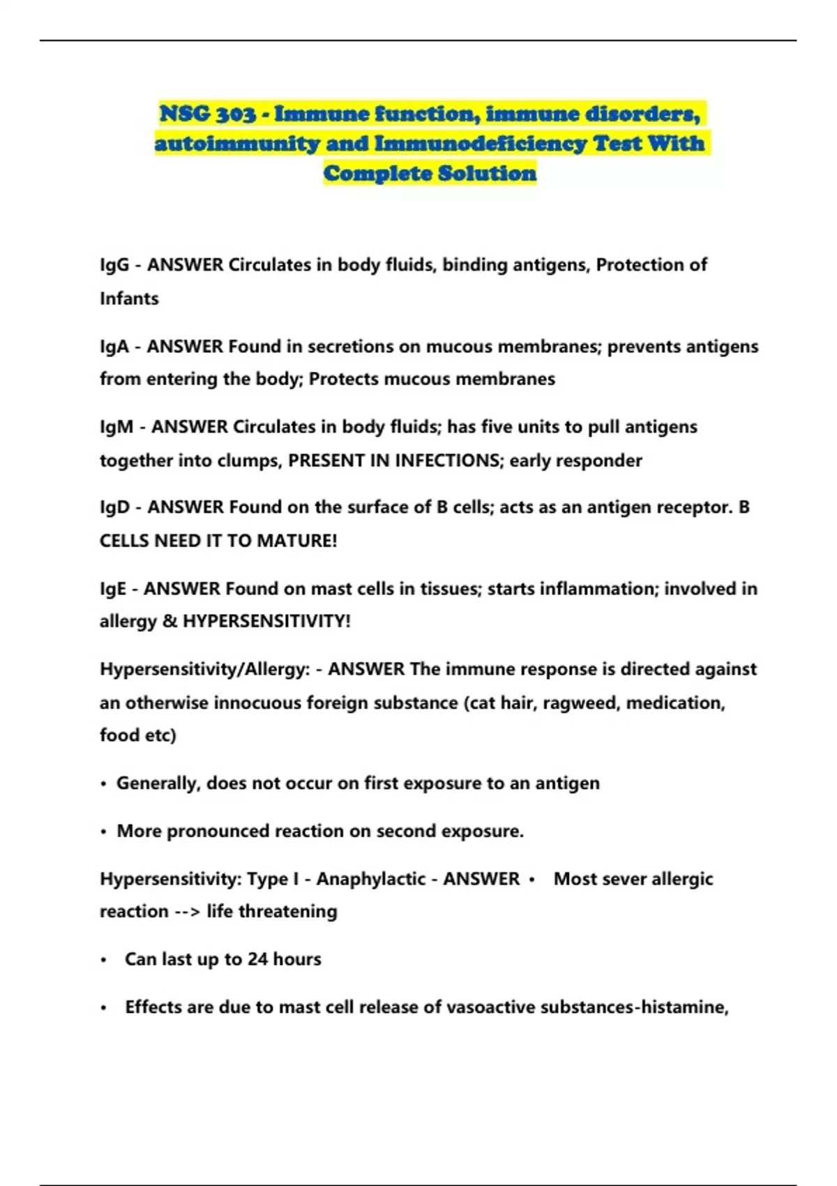 NSG 303 - Immune function, immune disorders, autoimmunity and ...