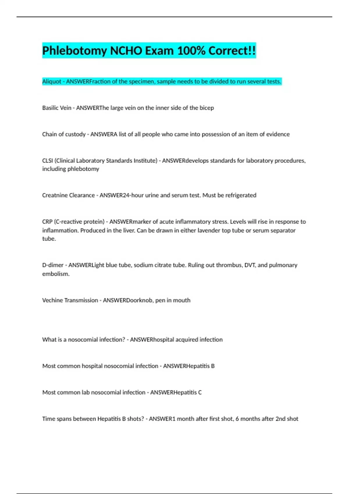 Phlebotomy NCHO Exam 100% Correct!! - Phlebotomy NCHO - Stuvia US