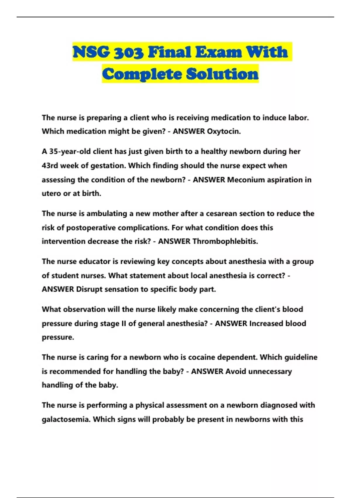 NSG 303 Final Exam With Complete Solution - NSG 303 - Stuvia US