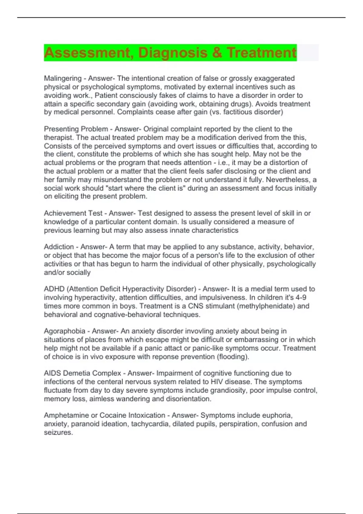 Assessment, Diagnosis & Treatment Questions with Correct Answers ...