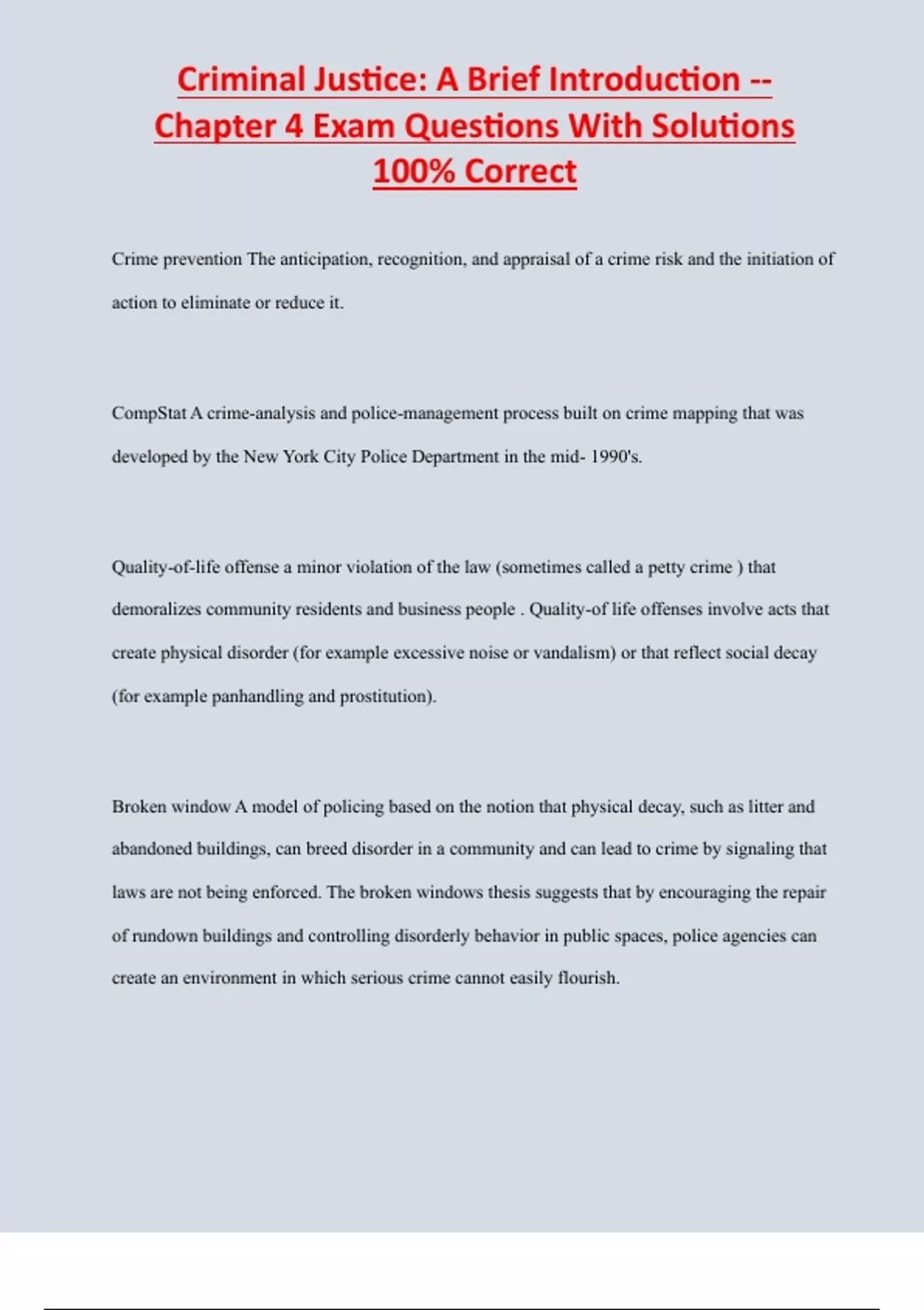 Criminal Justice: A Brief Introduction -- Chapter 4 Exam Questions With ...