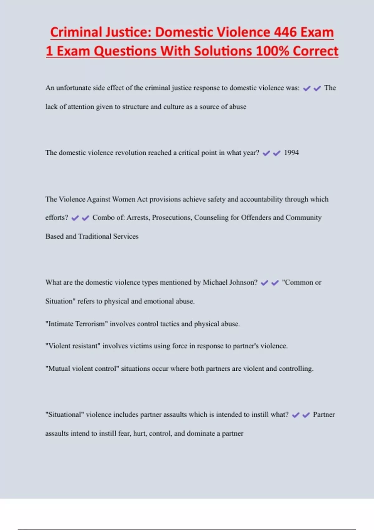 Criminal Justice: Domestic Violence 446 Exam 1 Exam Questions With ...