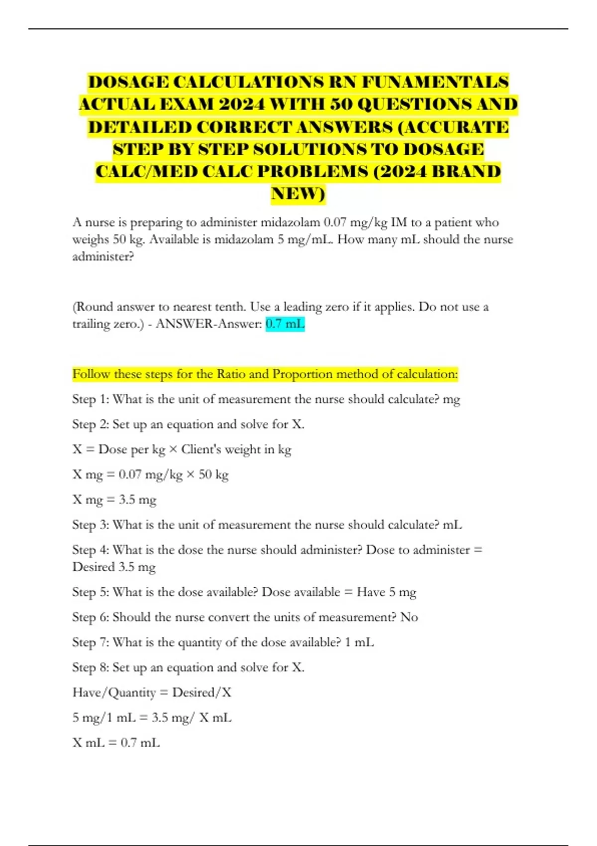 DOSAGE CALCULATIONS RN FUNDAMENTALS ACTUAL EXAM 2024 WITH 50 QUESTIONS AND DETAILED CORRECT ...
