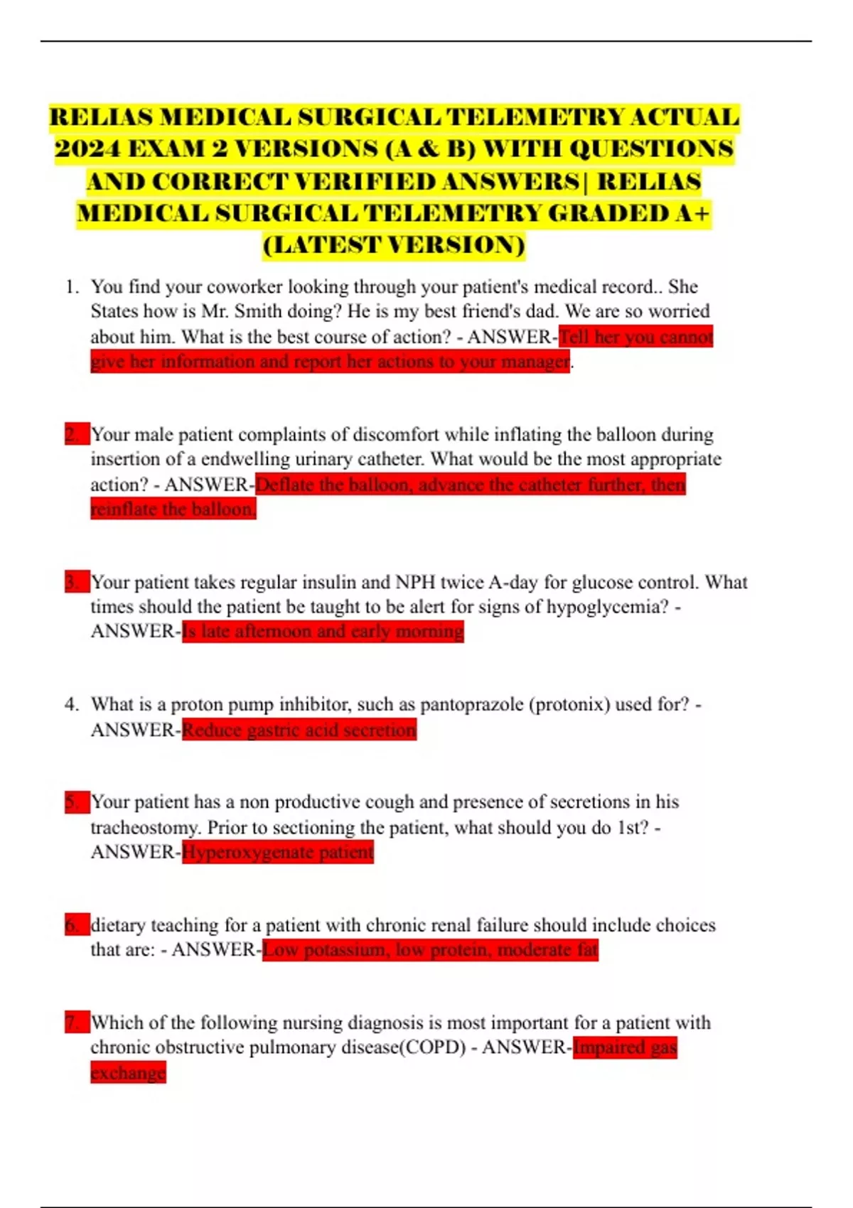 RELIAS MEDICAL SURGICAL TELEMETRY ACTUAL 2024 EXAM 2 VERSIONS (A & B ...