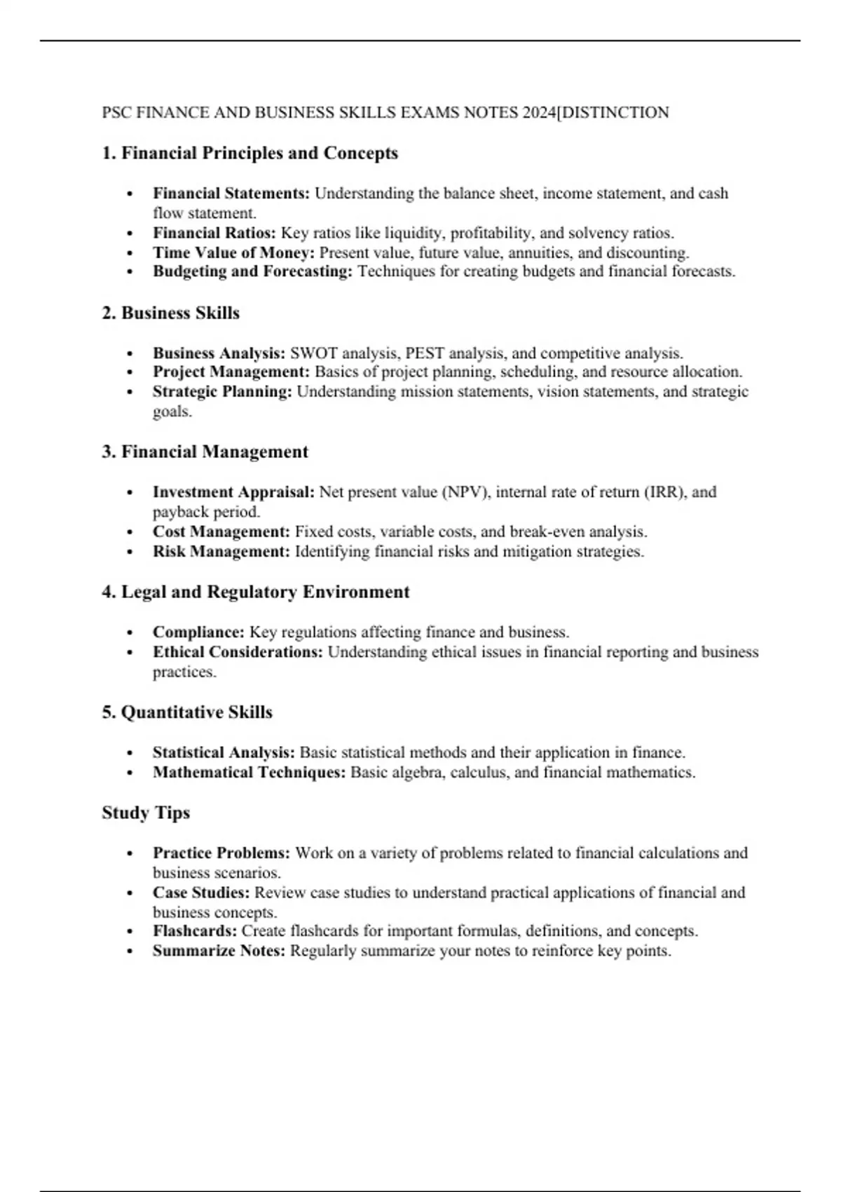 PSC FINANCE AND BUSINESS SKILLS EXAMS NOTES 2024[DISTINCTION - PSC ...