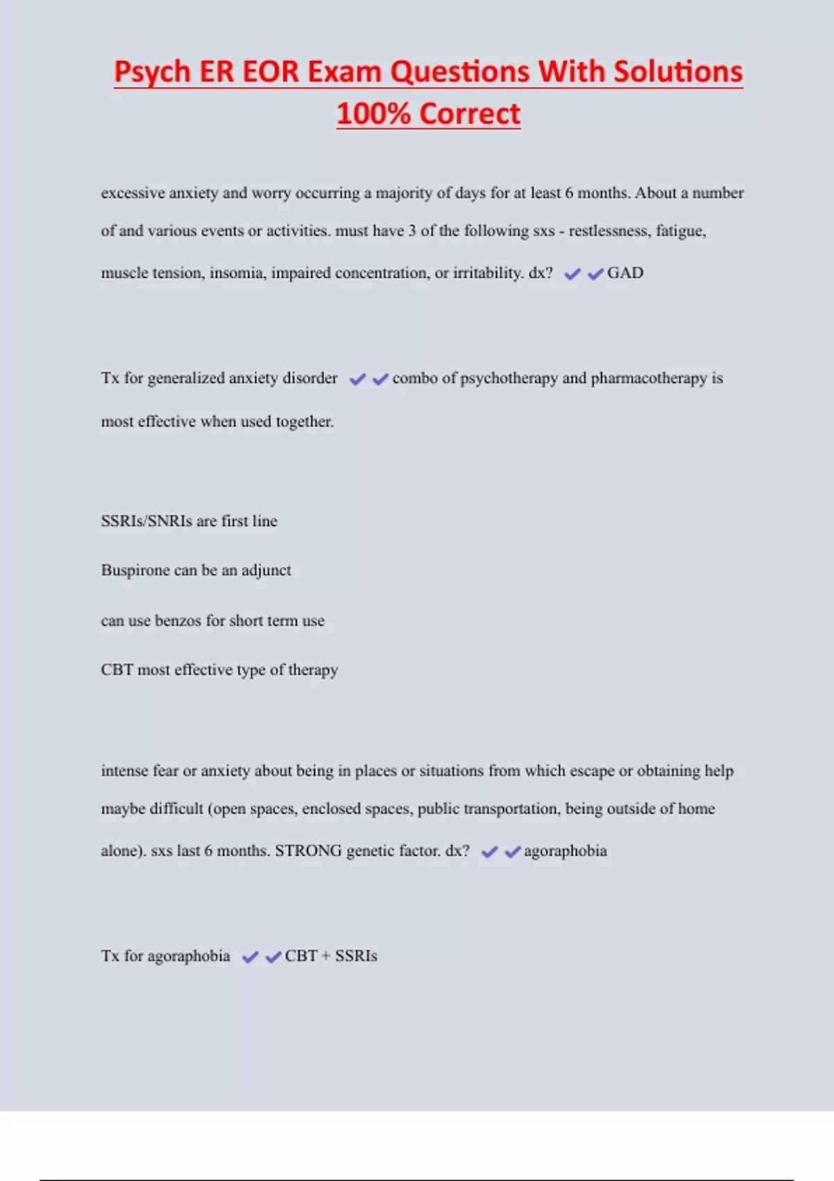 Psych ER EOR Exam Questions With Solutions 100% Correct - Psych - Stuvia US