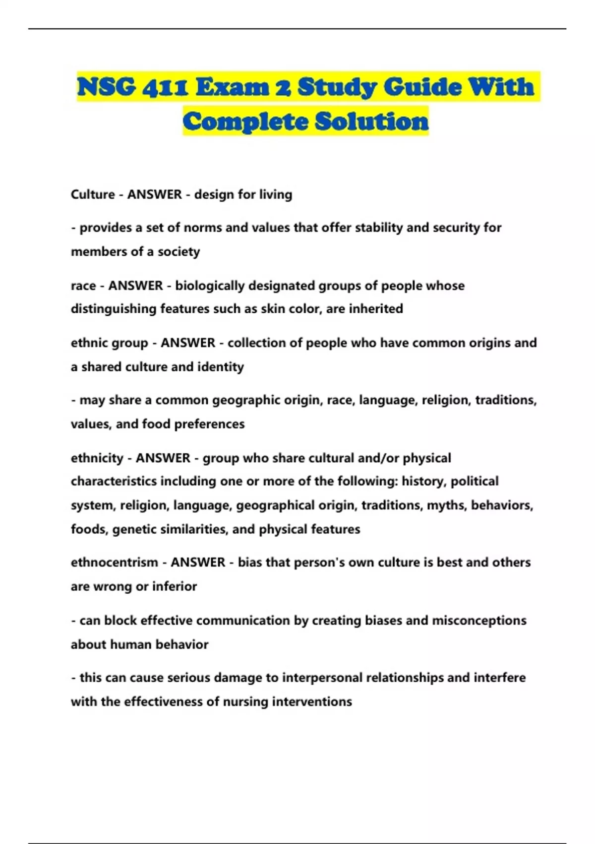 NSG 411 Exam 2 Study Guide With Complete Solution - NSG 411 - Stuvia US