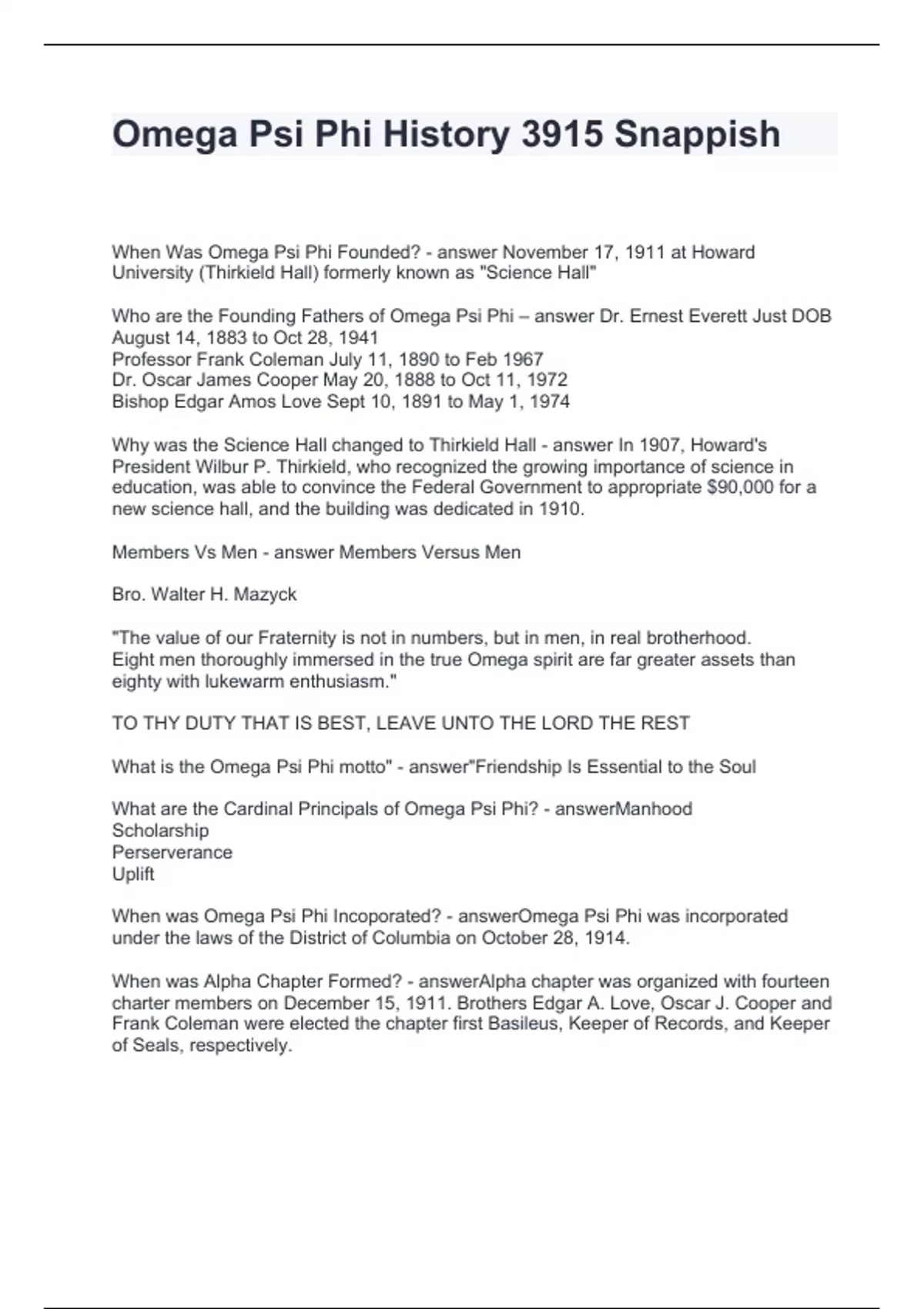 Omega Psi Phi History 3915 Snappish Questions with correct Answers ...
