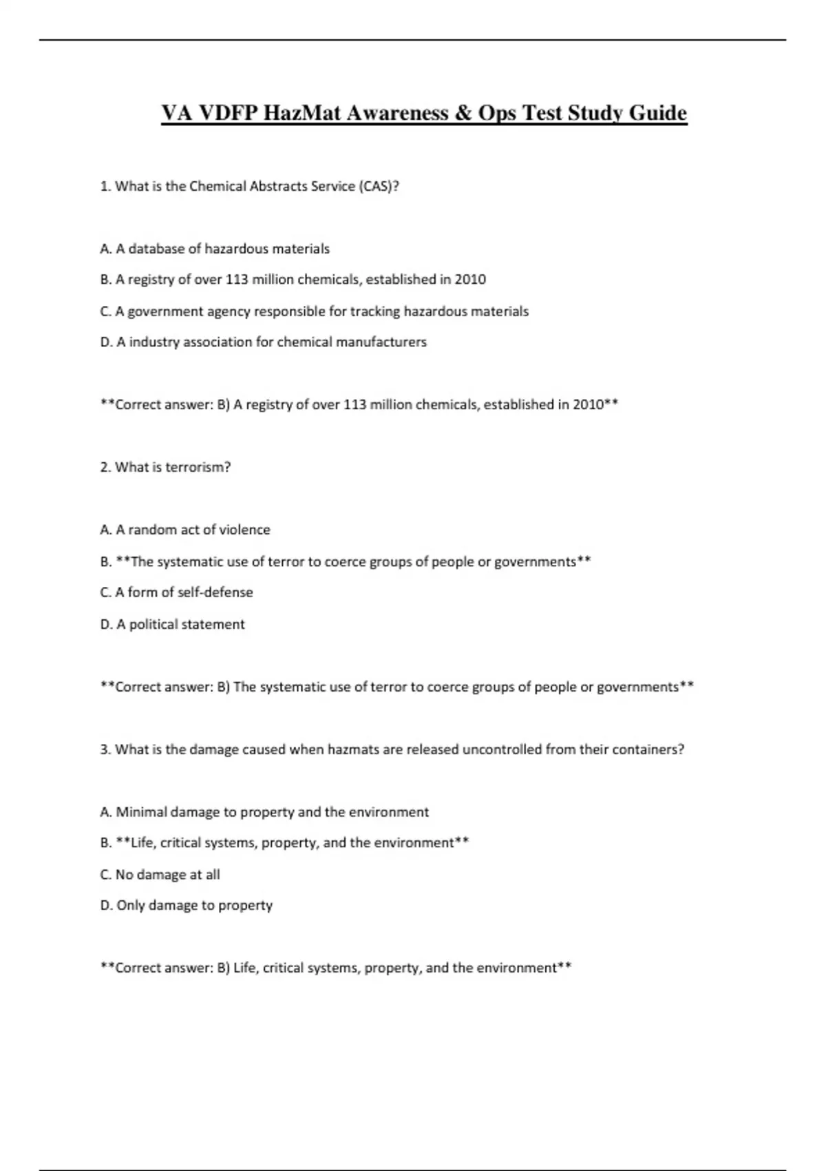 VA VDFP HazMat Awareness & Ops Test Study Guide - VA VDFP HazMat ...
