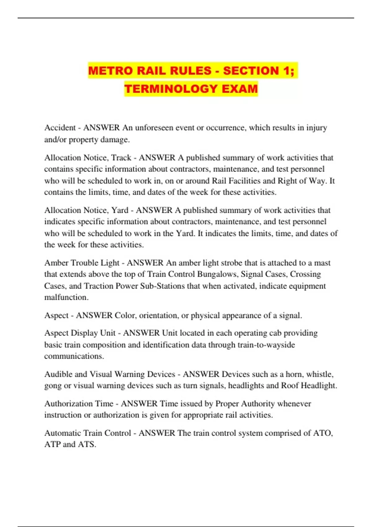 METRO RAIL RULES - SECTION 1; TERMINOLOGY EXAM - METRO RAIL RULES ...